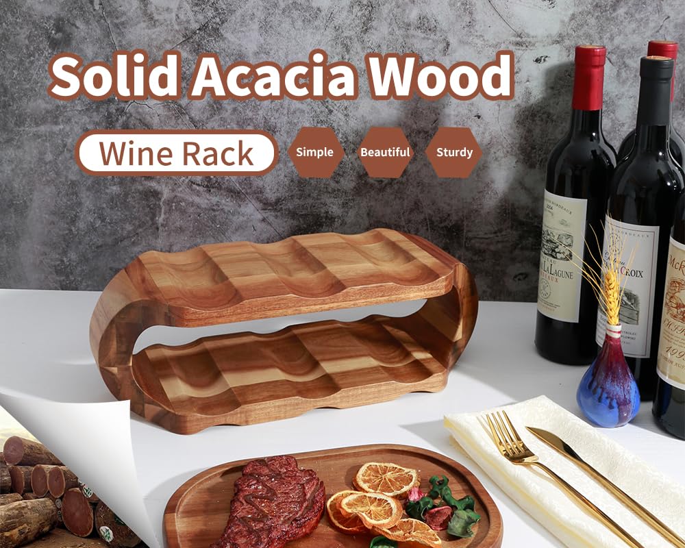 6-Bottles Wine Racks Countertop, 2-Tier 6-Slot Stackable Rustic Wooden Wine Cellar Racks, Solid Acacia Wood Wine Holder Storage Stand, Wine Bottles Display Shelf For Kitchen Tabletop Pantry Bars