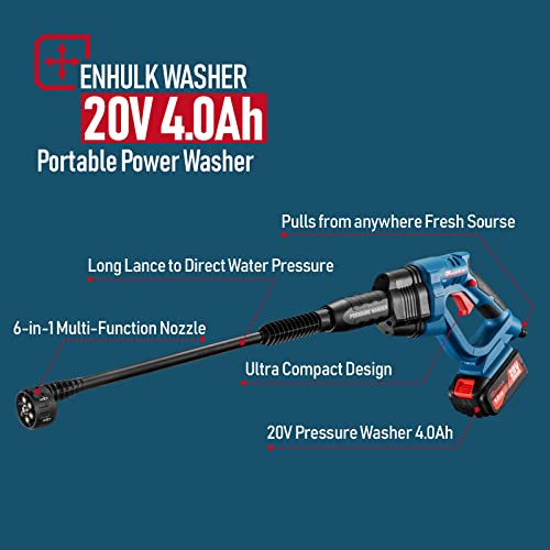 Enhulk Pressure Washer Cordless, Peak 380 PSI Portable Power Cleaner with 20V 4.0Ah Battery, 6-in-1 Nozzle, Soap Applicator, Brush, 13ft Suction Height for Outdoor Wall Floor Window Cleaning