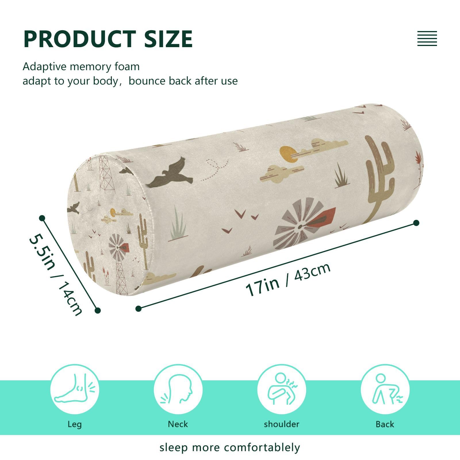 xigua Western Desert Pattern Neck Roll Pillow for Neck Relief with Removable Washable Cover - Memory Foam Round Cylinder Bolster, Ergonomically Designed for Head, Neck, Back, and Legs