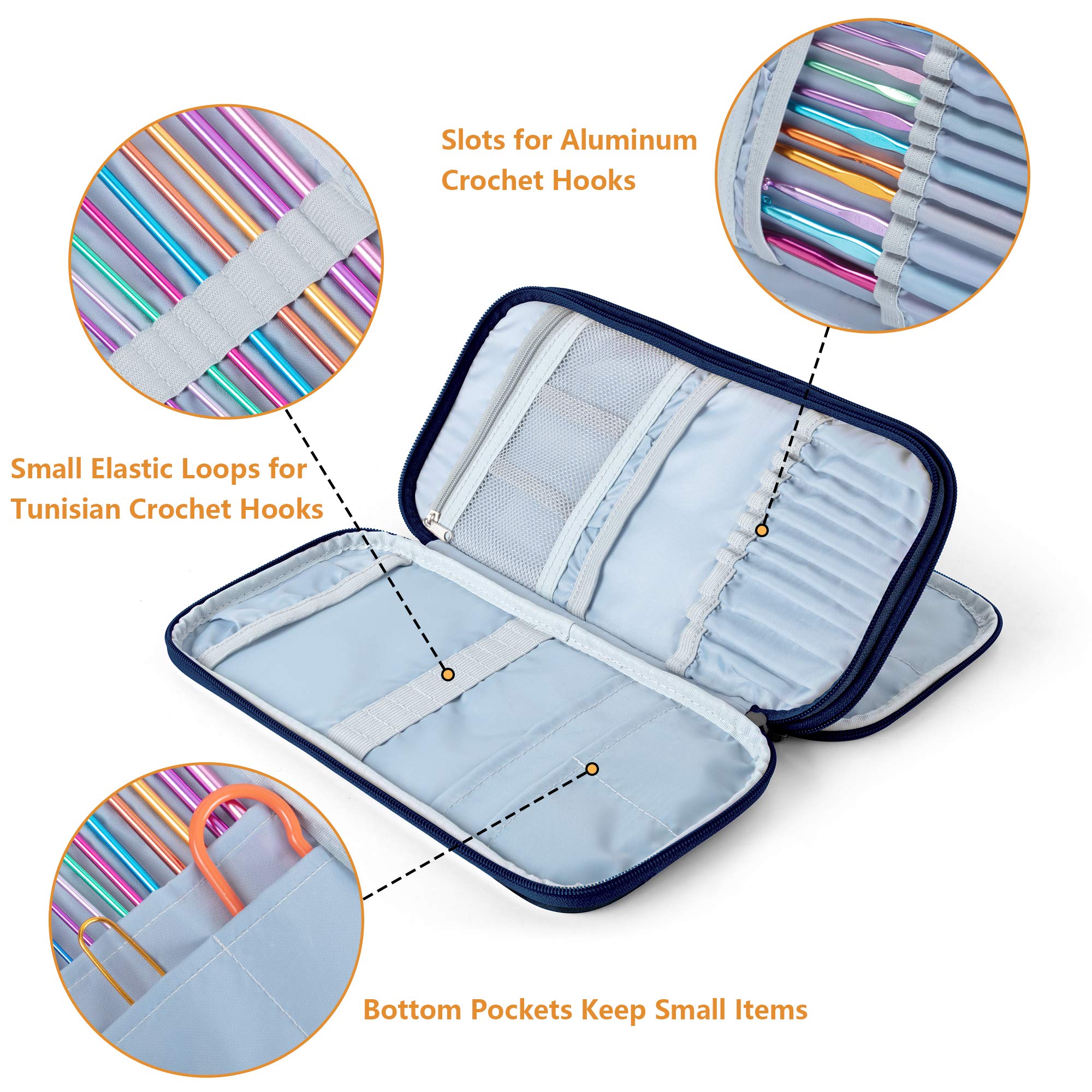 Teamoy Afghan Crochet Hook Case(up to 11" Long), Tunisian Crochet Organizer Bag for Ergonomic Crochet Hooks, Knitting Needles and Accessories, Cats Blue