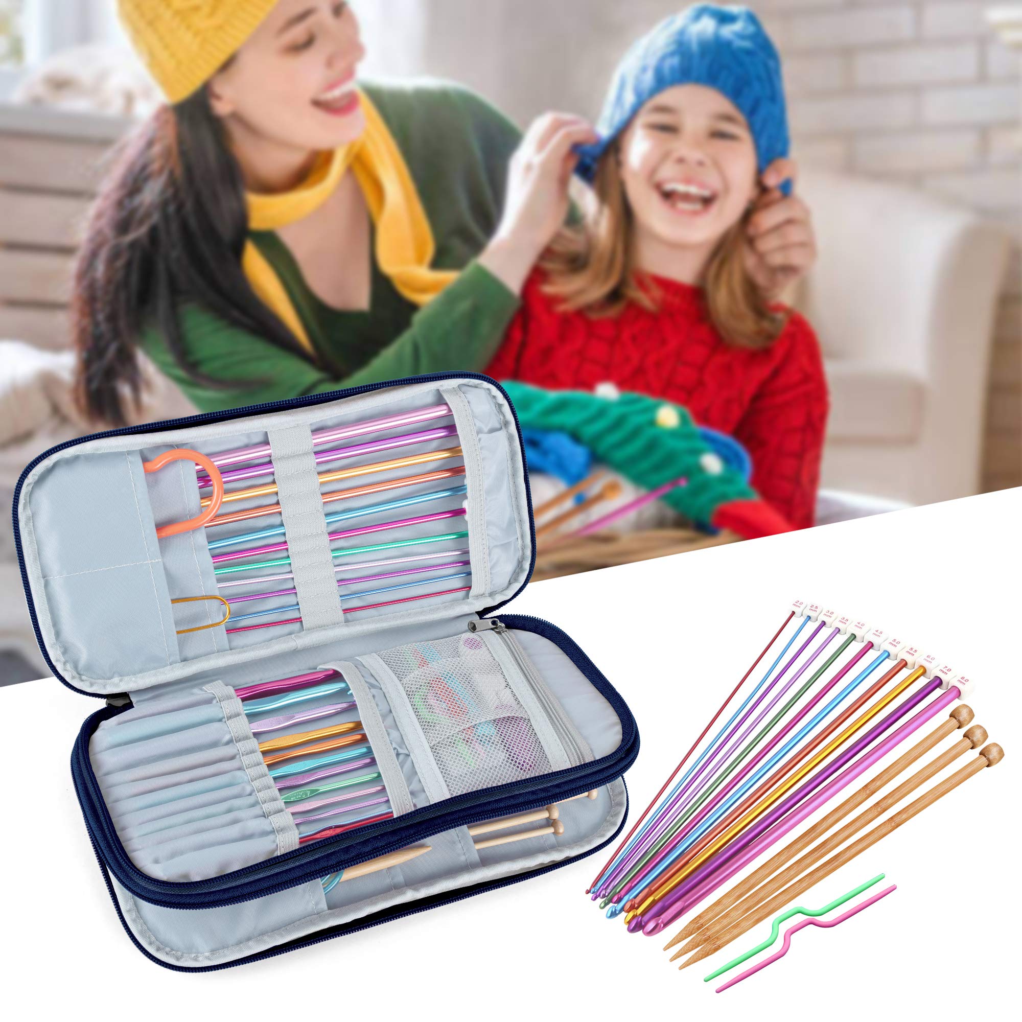 Teamoy Afghan Crochet Hook Case(up to 11" Long), Tunisian Crochet Organizer Bag for Ergonomic Crochet Hooks, Knitting Needles and Accessories, Cats Blue