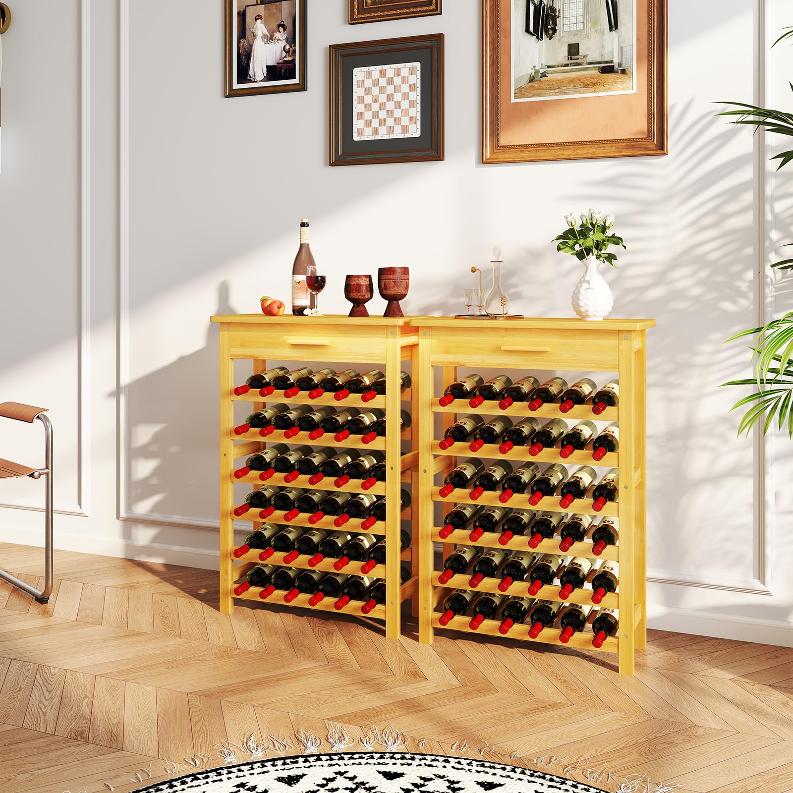 Kinbor 6-Tier Bamboo Wine Rack with Drawer, Standing Storage Rack with 36 Bottles Holder for Bar, Wine Cellar, Basement, Cabinet, Pantry, Kitchen