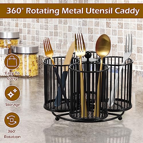 360° Rotating Metal Utensil Caddy, Utensil Organizer Holder 4 Compartment Flatware Storage Basket Portable Multipurpose Countertop Silverware Organizer for Kitchen Picnic Camping Outdoor (Black)