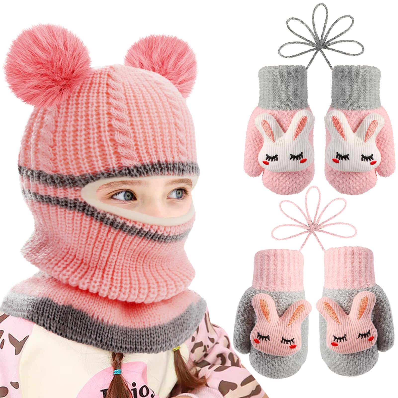 Baby Winter Hat Scarf Set with 2 Pack Mittens, Baby Winter Hat Set, Toddler Winter Hat with Neck Warmer, Fleece Lined Girls Boys Infant Winter Hat Set, Kids Winter Hat Scarf Earflap Hood Skull Caps