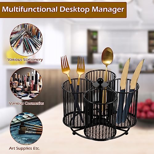 360° Rotating Metal Utensil Caddy, Utensil Organizer Holder 4 Compartment Flatware Storage Basket Portable Multipurpose Countertop Silverware Organizer for Kitchen Picnic Camping Outdoor (Black)