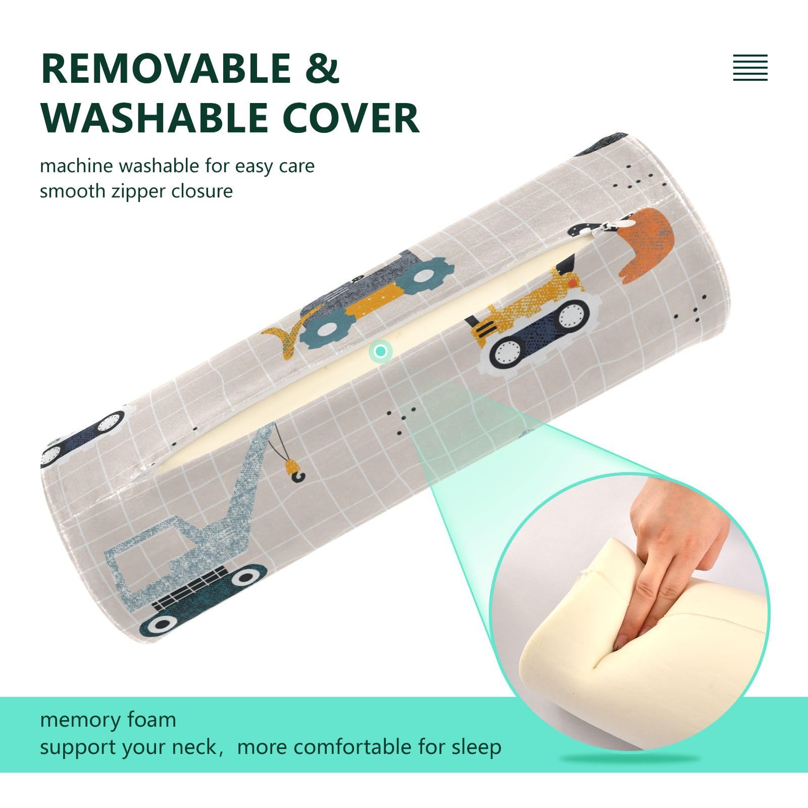 xigua Cute Truck Excavator Neck Roll Pillow for Neck Relief with Removable Washable Cover - Memory Foam Round Cylinder Bolster, Ergonomically Designed for Head, Neck, Back, and Legs