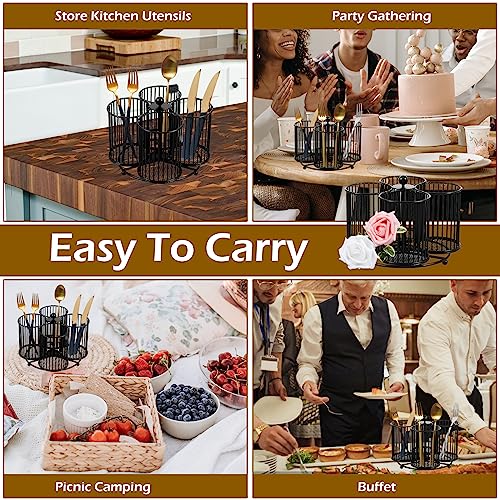 360° Rotating Metal Utensil Caddy, Utensil Organizer Holder 4 Compartment Flatware Storage Basket Portable Multipurpose Countertop Silverware Organizer for Kitchen Picnic Camping Outdoor (Black)