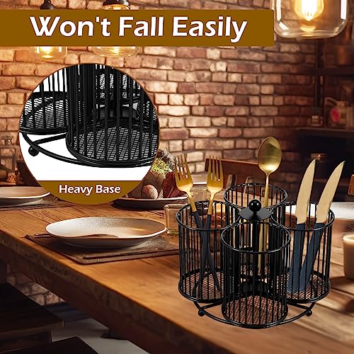 360° Rotating Metal Utensil Caddy, Utensil Organizer Holder 4 Compartment Flatware Storage Basket Portable Multipurpose Countertop Silverware Organizer for Kitchen Picnic Camping Outdoor (Black)