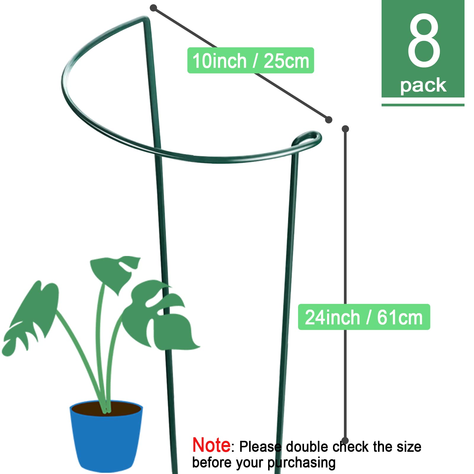 HiGift 8 Pack Plant Support Stakes, 10" Wide x 24" High Half Round Metal Garden Plant Stake Peony Plant Support Cage, Green Plant Support Ring Border for Tomato,Hydrangea,Flower Indoor Outdoor