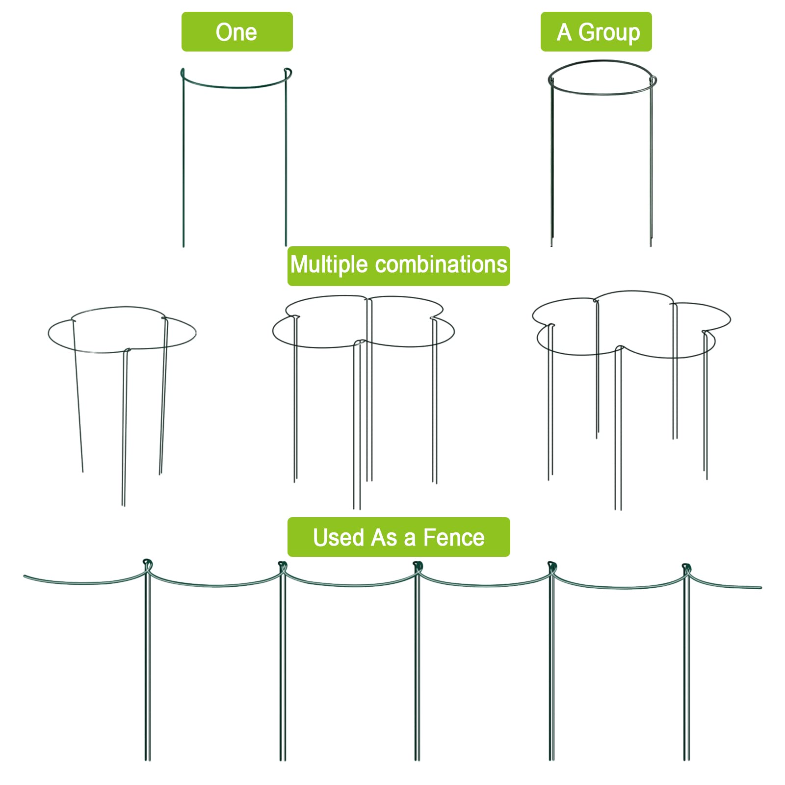 HiGift 8 Pack Plant Support Stakes, 10" Wide x 24" High Half Round Metal Garden Plant Stake Peony Plant Support Cage, Green Plant Support Ring Border for Tomato,Hydrangea,Flower Indoor Outdoor