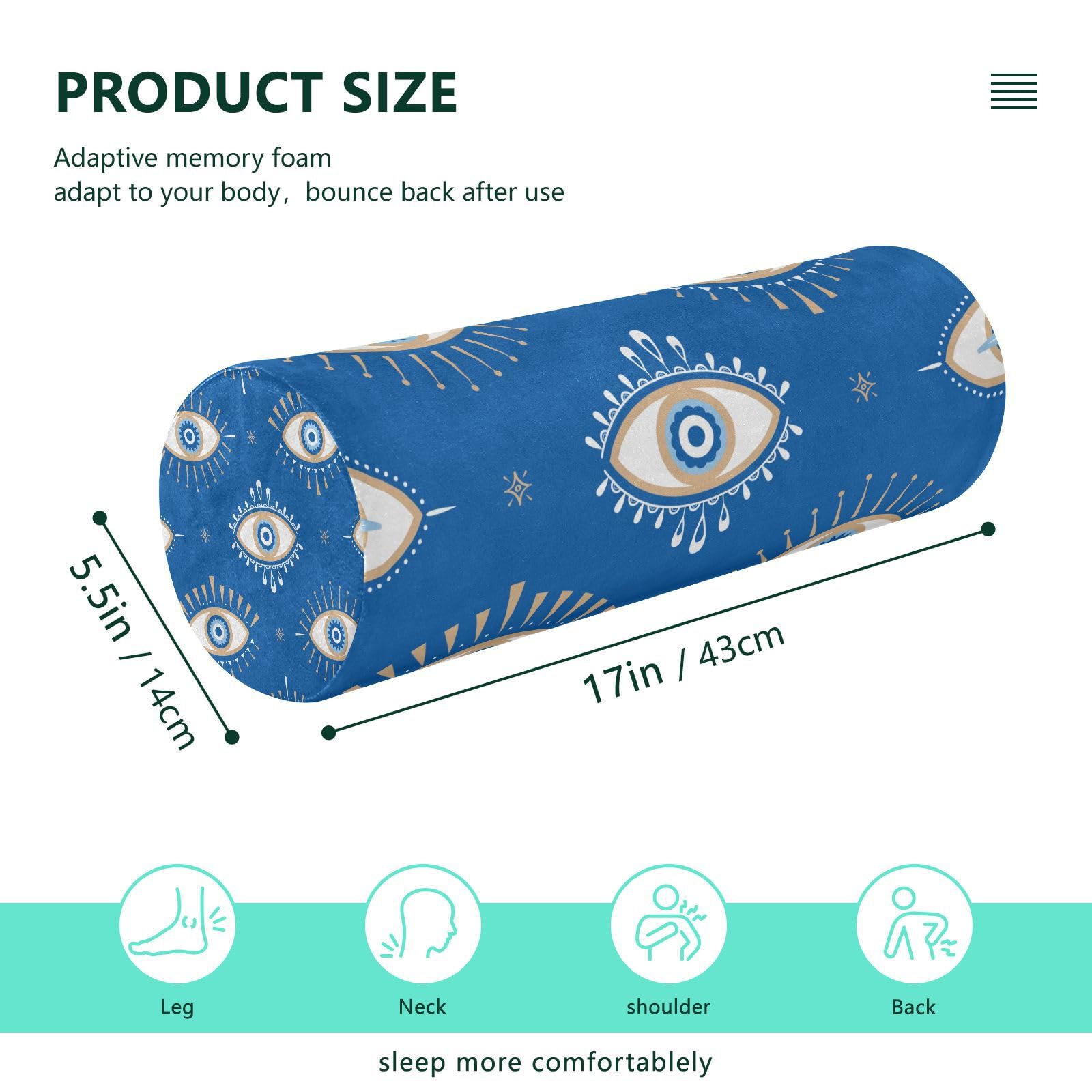 xigua Evil Eyes Blue Neck Roll Pillow for Neck Relief with Removable Washable Cover - Memory Foam Round Cylinder Bolster, Ergonomically Designed for Head, Neck, Back, and Legs
