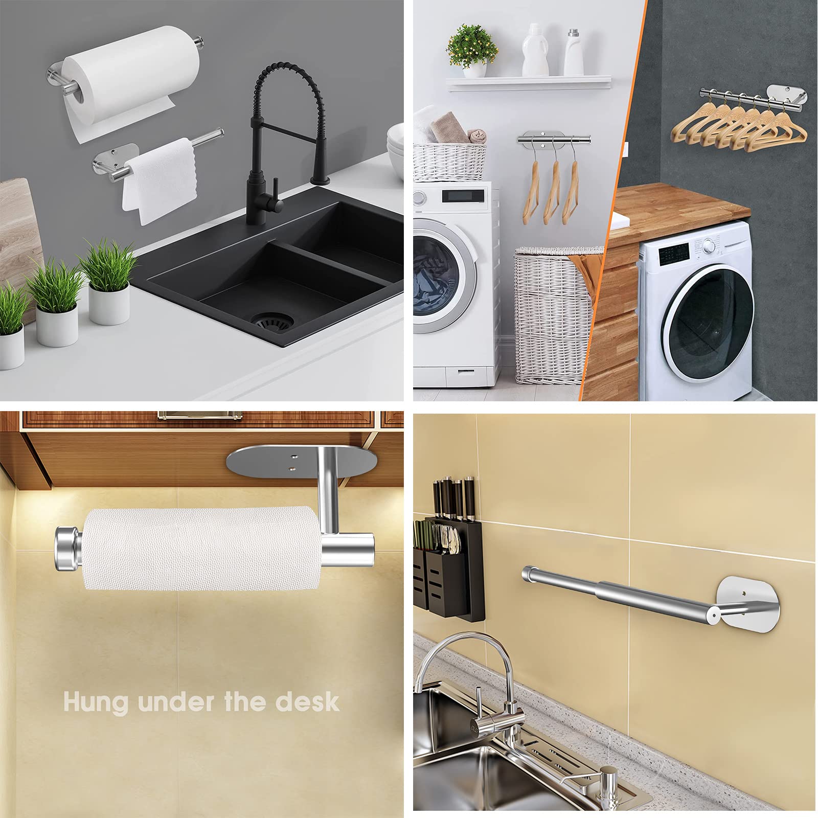 NHZNJK Retractable Paper Towel Holder, Stainless Steel Paper Towel Rack Under Cabinet and Wall Mount, Hand Towel Holder, Paper Towels Rolls for Kitchen,Multipurpose Self Adhesive or Screw Drilling