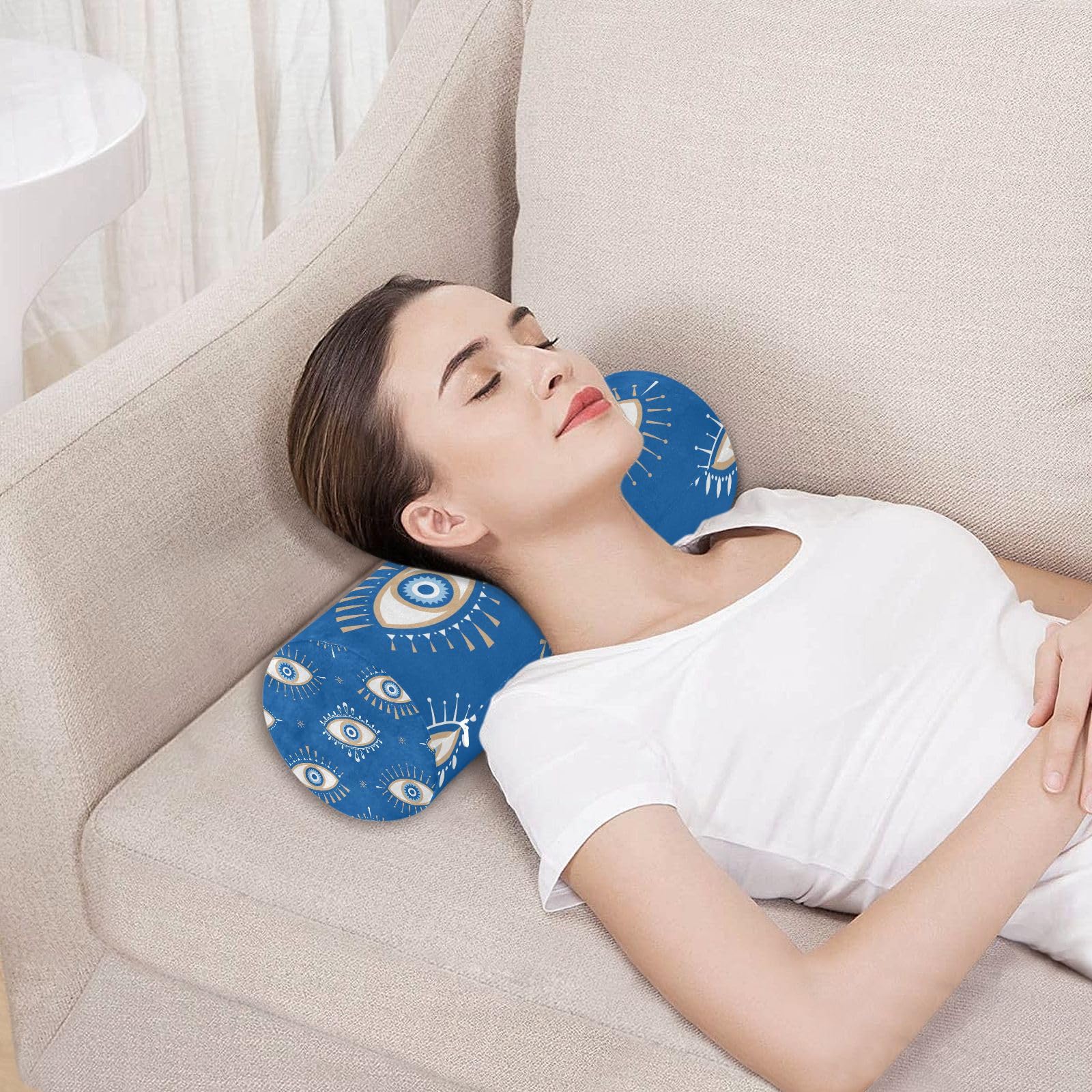 xigua Evil Eyes Blue Neck Roll Pillow for Neck Relief with Removable Washable Cover - Memory Foam Round Cylinder Bolster, Ergonomically Designed for Head, Neck, Back, and Legs