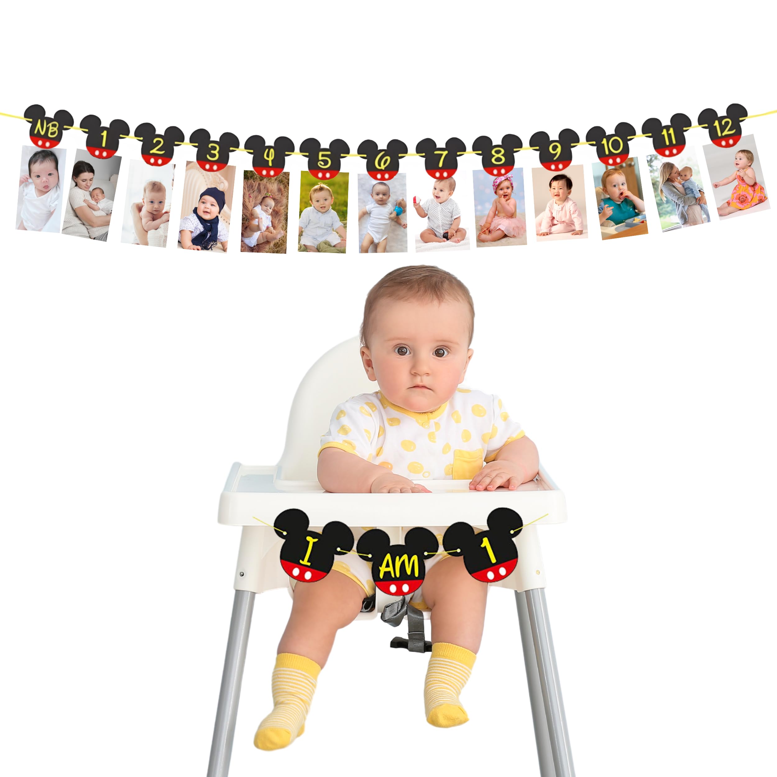 Mickey Mouse First Birthday Banners - NB to 12 Month Photo Banner with I am One High Chair Banner - First Birthday Decorations - Mickey Mouse Party Supplies - Picture Frame Banners - Clubhouse Decoration for 1st or 12th Birthday