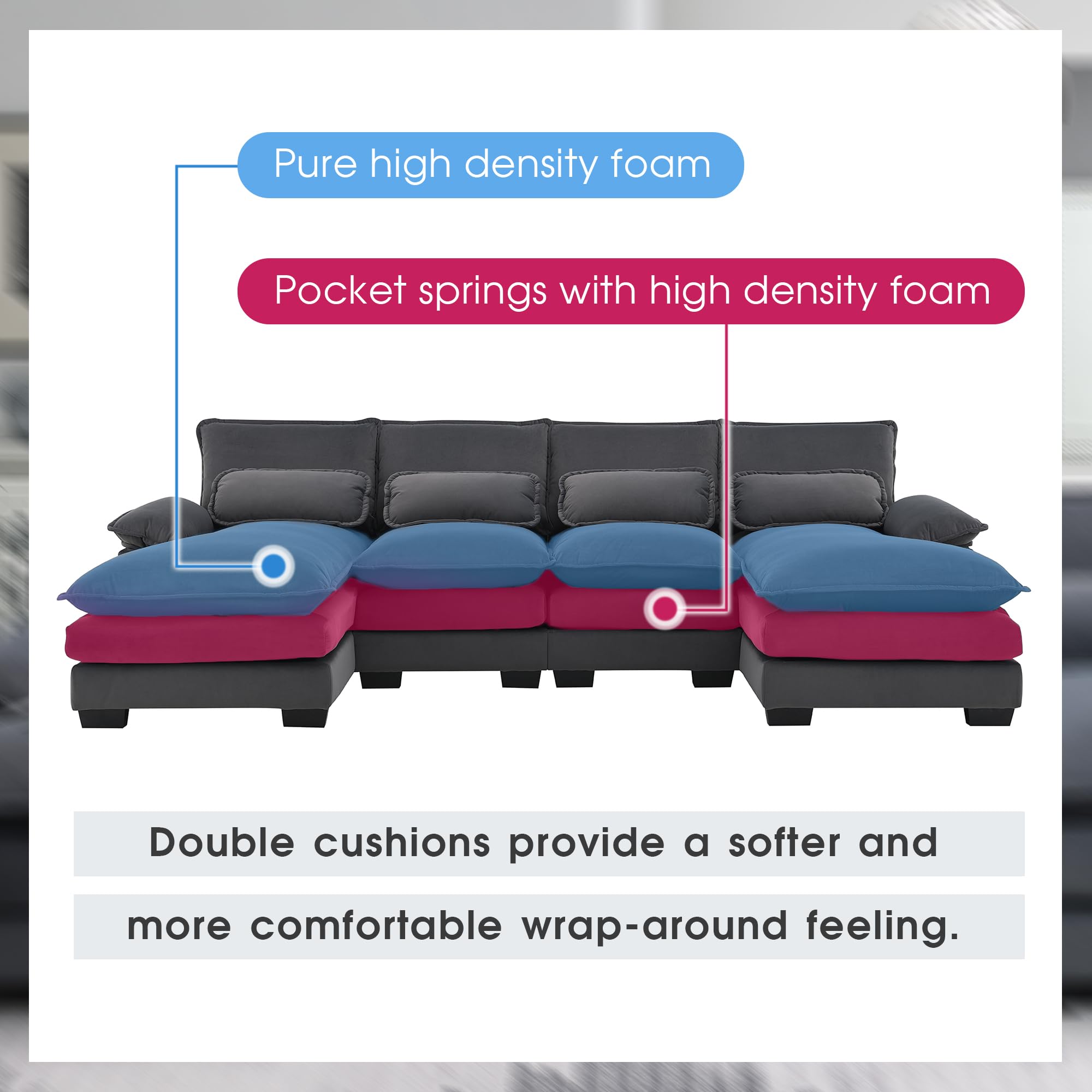 U Shaped Cloud Couch Comfy Sectional Couches with Chaise Lounge Modern 6 Seat Velvet Upholstered Sofa with Waist Pillows for Living Room Apartment, Gray 109.8''