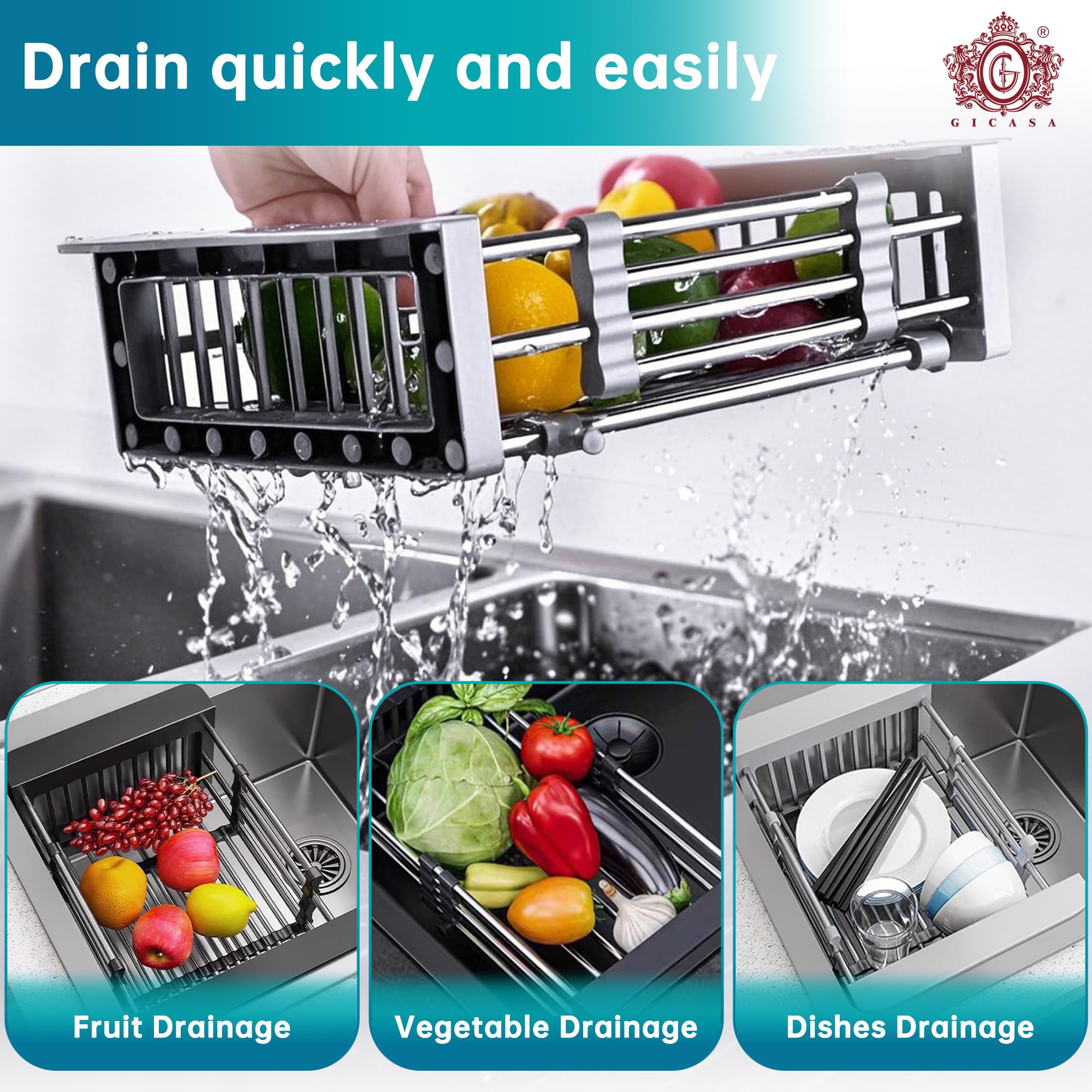 GICASA Adjustable Stainless Steel Drainer Basket Drain Tray for Dish Vegetable Fruit, On Counter Dish Rack or in Sink Over Sink Kitchen Basket Dish Drying Rack