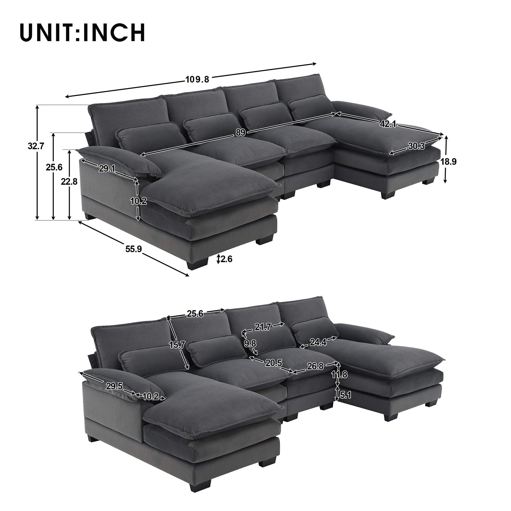 U Shaped Cloud Couch Comfy Sectional Couches with Chaise Lounge Modern 6 Seat Velvet Upholstered Sofa with Waist Pillows for Living Room Apartment, Gray 109.8''