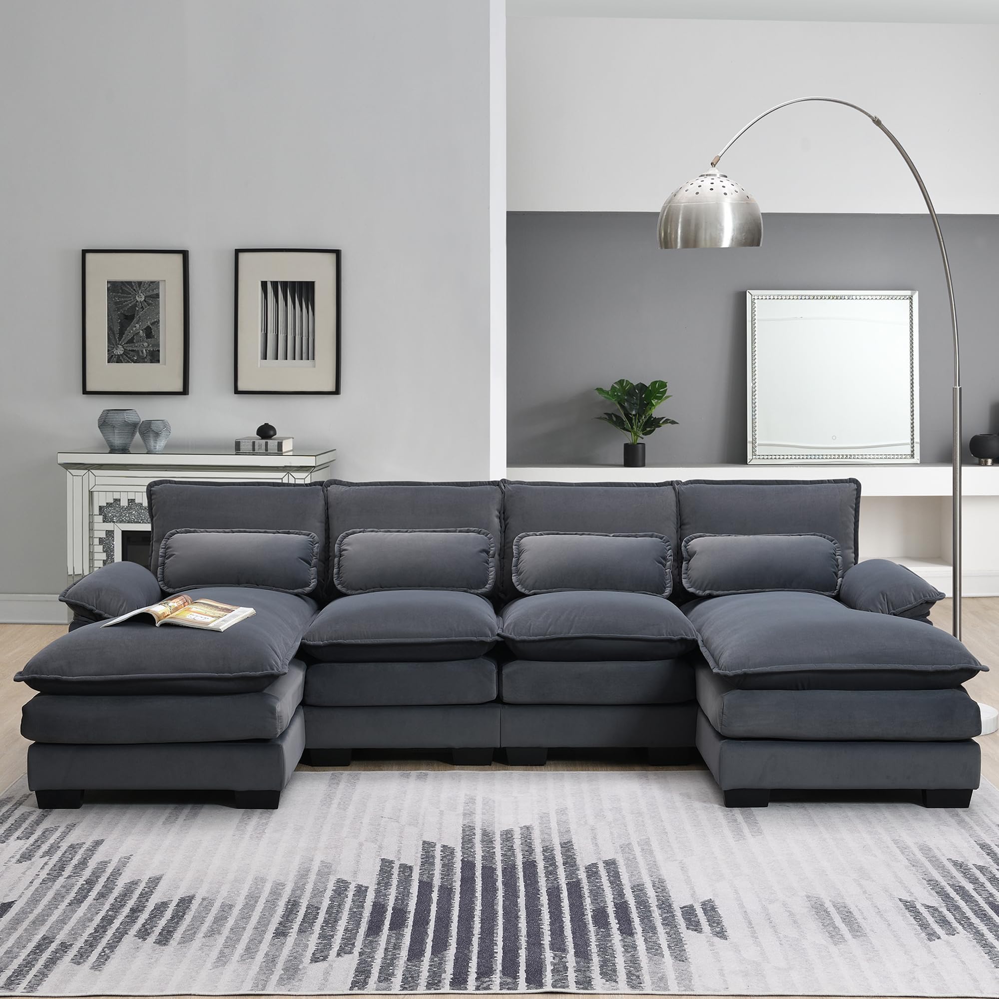 U Shaped Cloud Couch Comfy Sectional Couches with Chaise Lounge Modern 6 Seat Velvet Upholstered Sofa with Waist Pillows for Living Room Apartment, Gray 109.8''