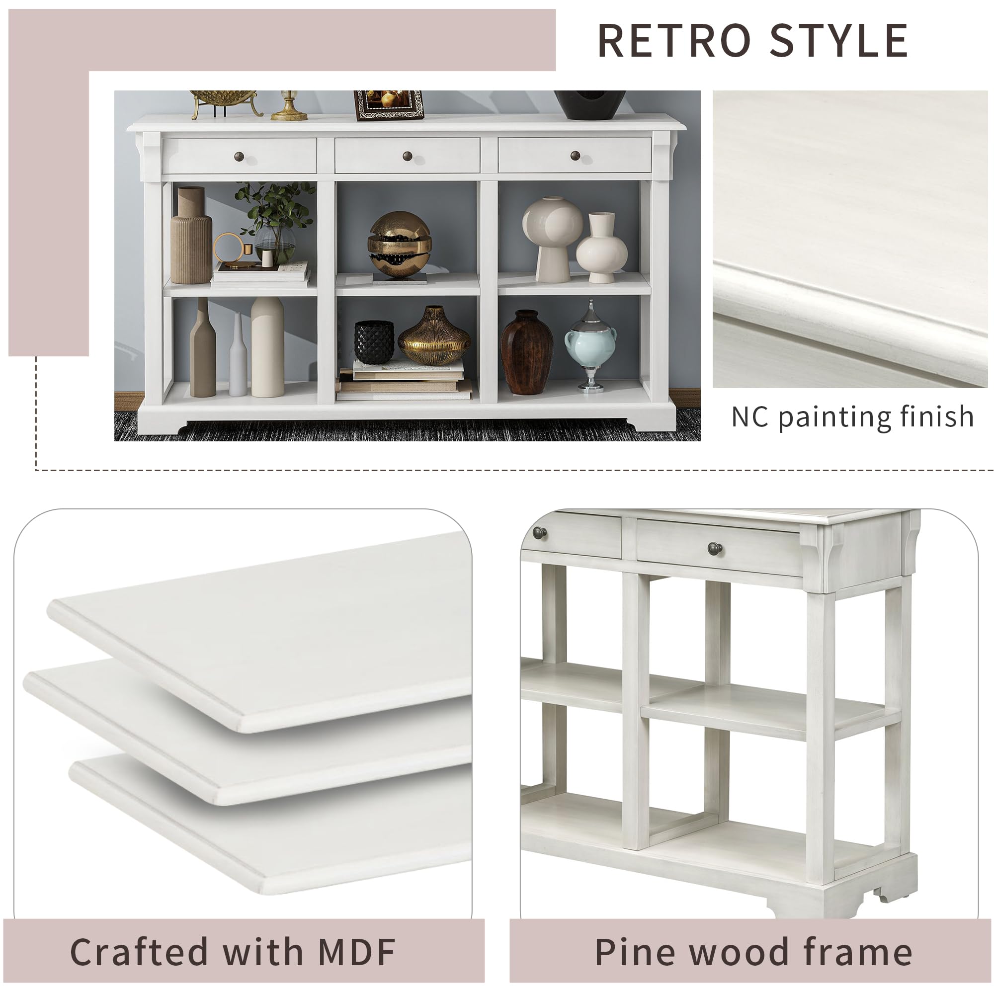 Merax Console Table/Sideboard with Ample Storage, Open Shelves and Drawers for Living Room, Antique White