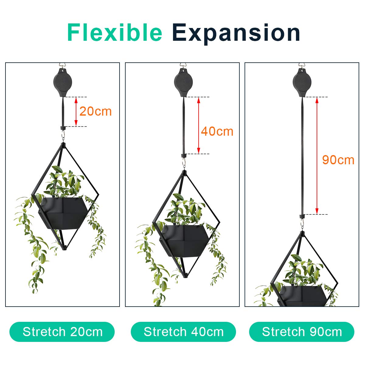 Ahier Retractable Plant Hanger, 2PCS Adjustable Plant Pulley Hanger Hanging Planters Flower Basket Hook Hanger with 2PCS Metal Ceiling Plant Hooks for Garden Birds Feeder