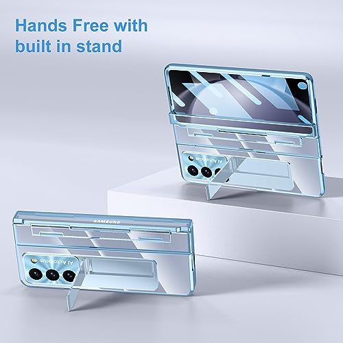 Libeagle Compatible with Samsung Galaxy Z Fold 5 Case, Innovative Hinge Protection, Detachable Fold 5 New Slim S Pen (2023) Slot, Non-Yellow Clear Back, Screen Protector, Stand Cover 5G 2023, Blue
