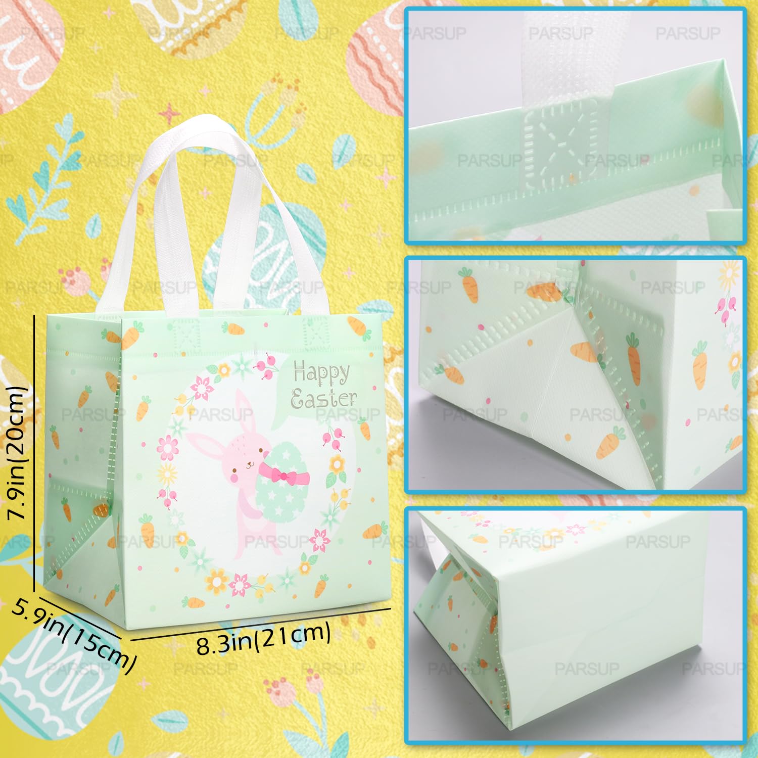 6PCS Easter Egg Hunt Bags Happy Easter Bunny Carrot Chick Egg Gift Bags with Handles, Easter Treat Bags, Multifunctional Non-Woven Easter Bags for Gifts Wrapping, Egg Hunt Game, Easter Party Supplies , 8.3×7.9×5.9inch