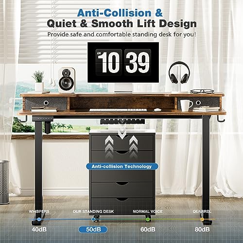 DUMOS Adjustable Height Electric Sti to Standing Desk with Drawer,63 x 24 in Ergonomic Computer Table with Splicing Board, Wire Hole and Hook for Workstation for Home, Office, Rustic Brown & Shelf