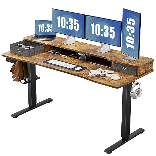 DUMOS Adjustable Height Electric Sti to Standing Desk with Drawer,63 x 24 in Ergonomic Computer Table with Splicing Board, Wire Hole and Hook for Workstation for Home, Office, Rustic Brown & Shelf