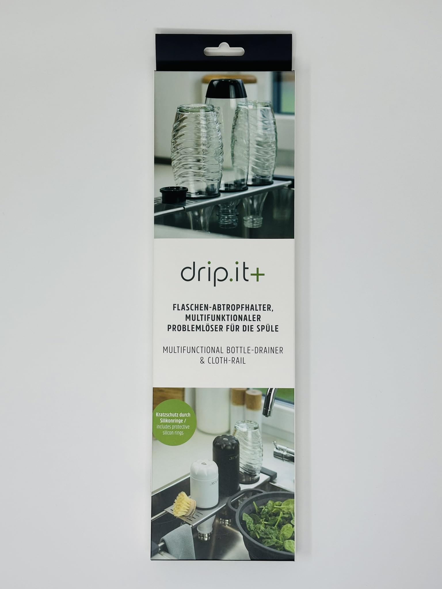 Sanni Shoo Drip.it+ | Stainless Steel Kitchen Sink Caddy | Bottle Holder for 3 Bottles with Protective Silicone Rings | Compatible with Sodastream Aqua Fizz and Other Bottles | Drainer & Organizer