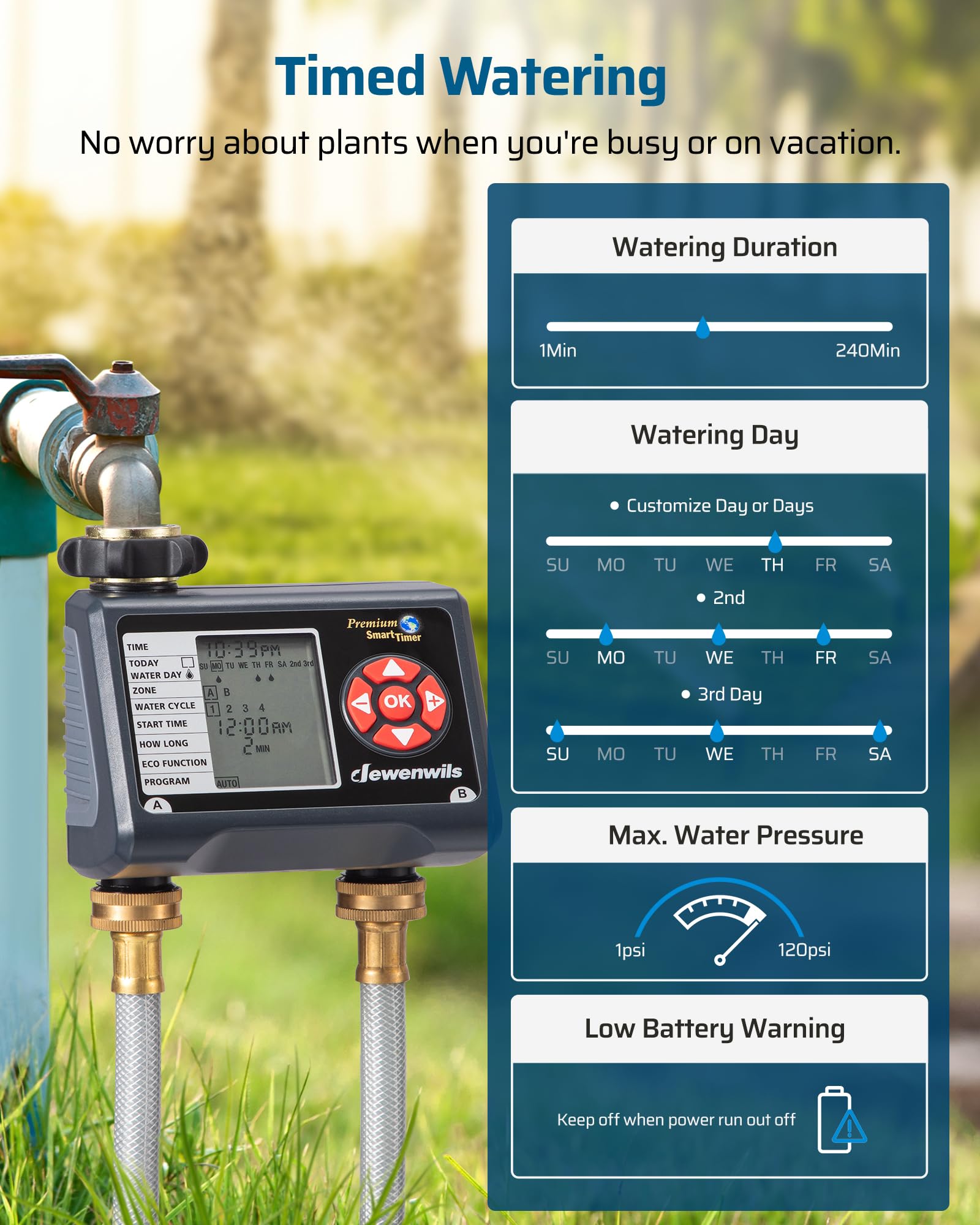 DEWENWILS Sprinkler Timer, Water Timer for Garden Hose, Programmable Hose Timer Automatic Faucet Watering Irrigation Timer for Yard Lawn, Manual Rain Delay Mode, Low Battery Warning