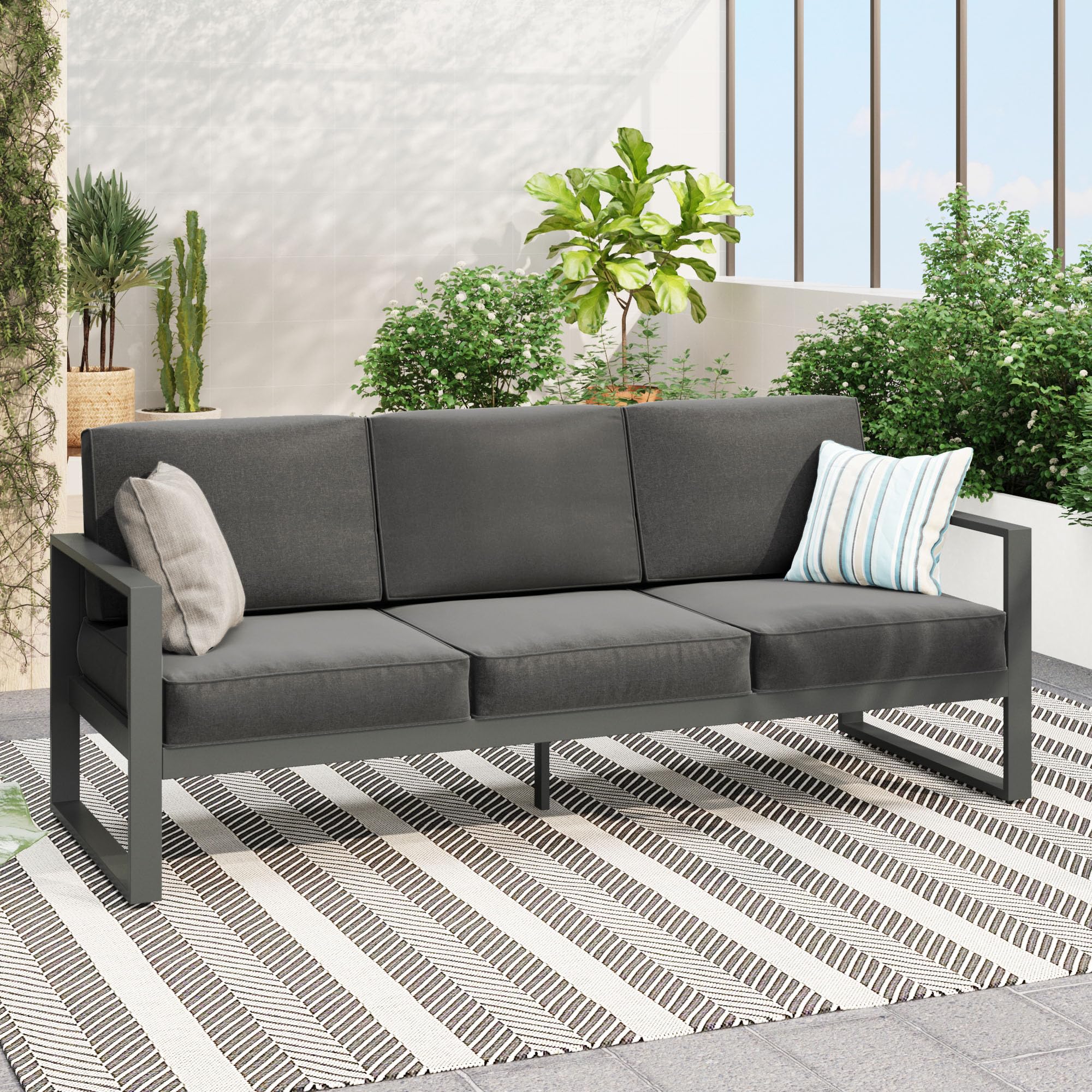Green4ever Aluminum Patio Furniture Sofa, All-Weather Modern Metal Outdoor 3-Seat Couch with Removable, Water-Resistant Cushions for Backyard Garden (Gray)