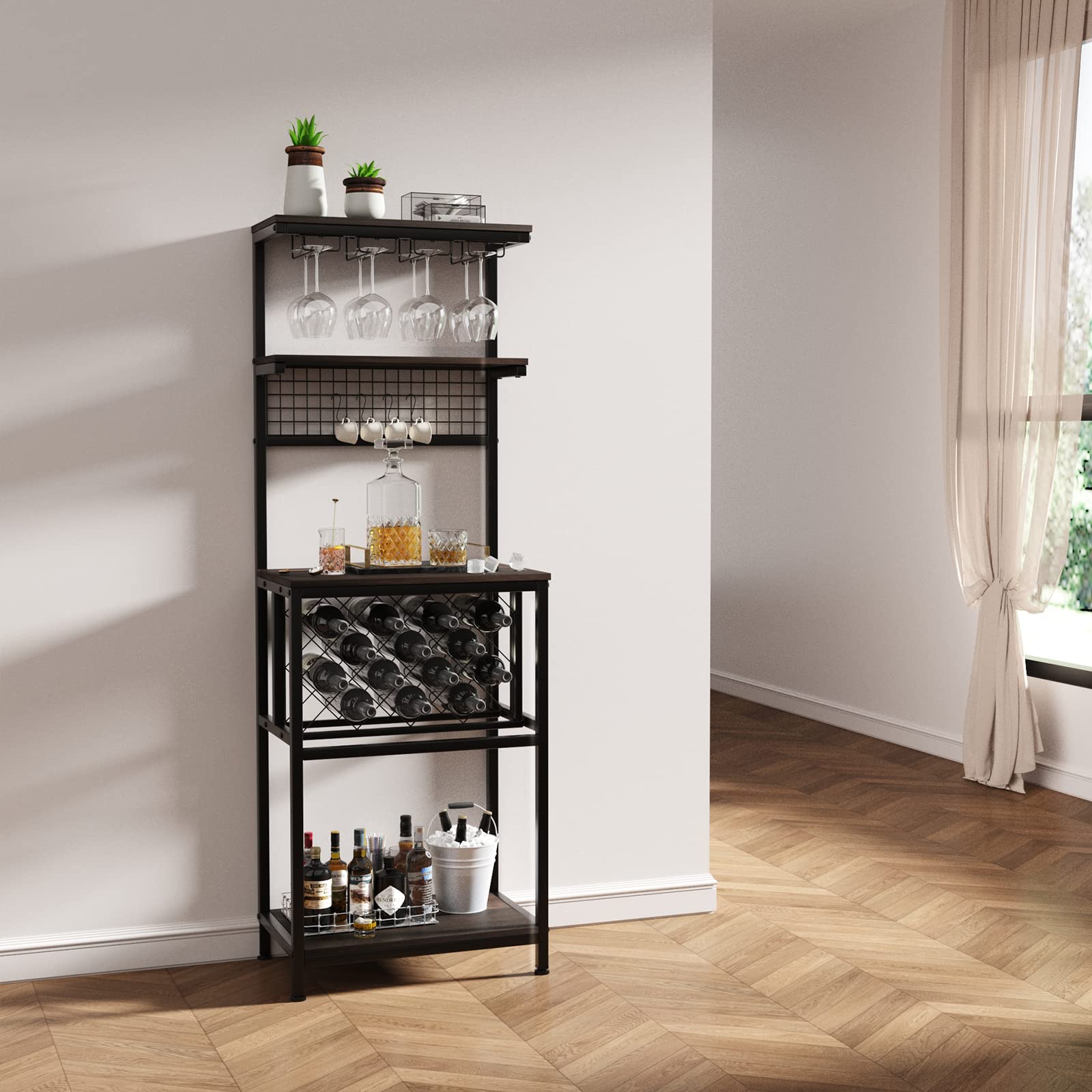 Aomedeelf Wine Rack Table Wine Bar Cabinet for Liquor and Glasses Modern Freestanding Floor Liquor Bar Cabinet with Storage Rack and Shelf Wine Bakers Rack for Home Kitchen Dining Room