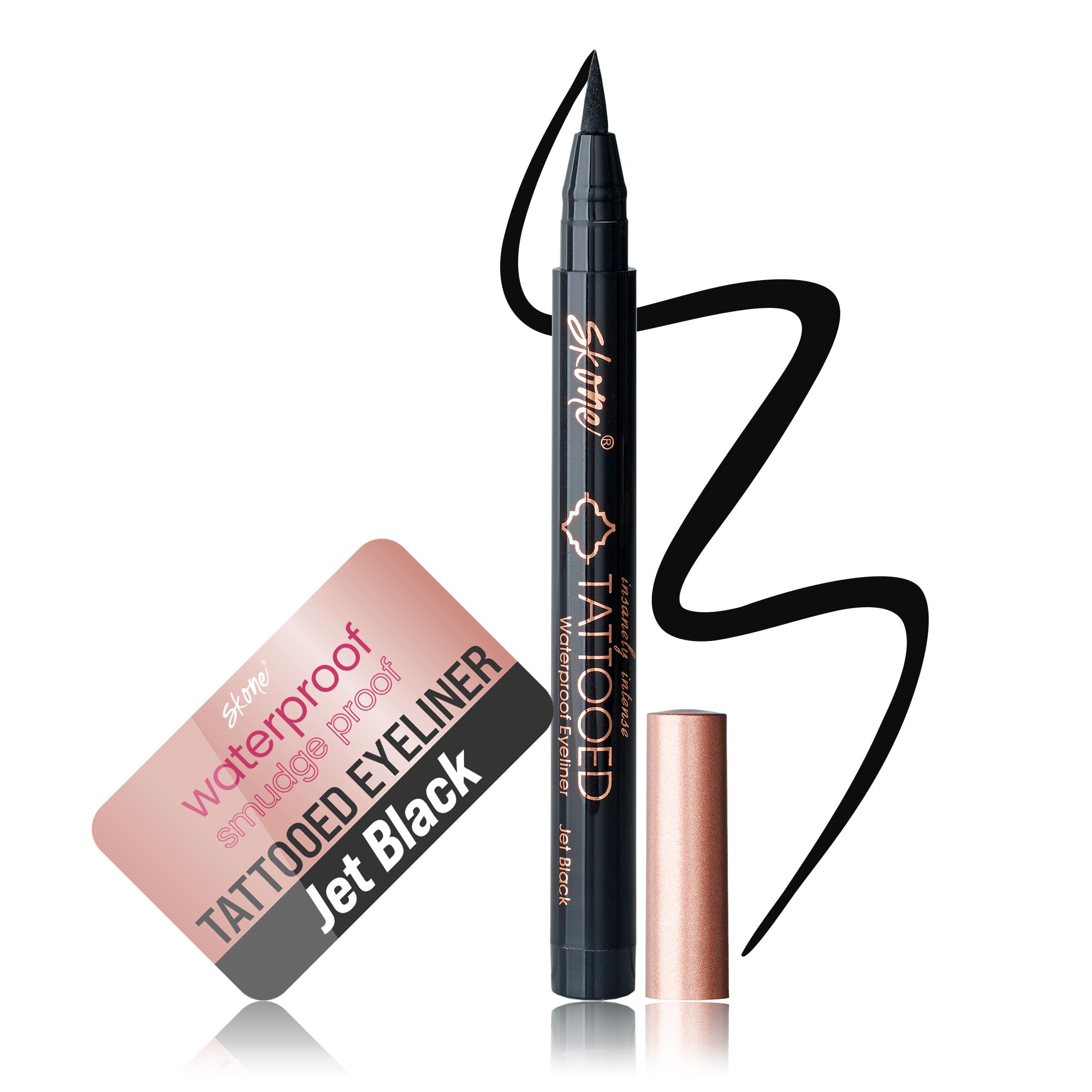 Skone Cosmetics Insanely Intense Tattooed Eyeliner - Smudge Proof & Sweat Proof Liquid Eyeliner Felt Tip Applicator - Pigmented Liquid Eye Liner Makeup - Waterproof Tattoo Eyeliner -Jet Black (0.07oz)