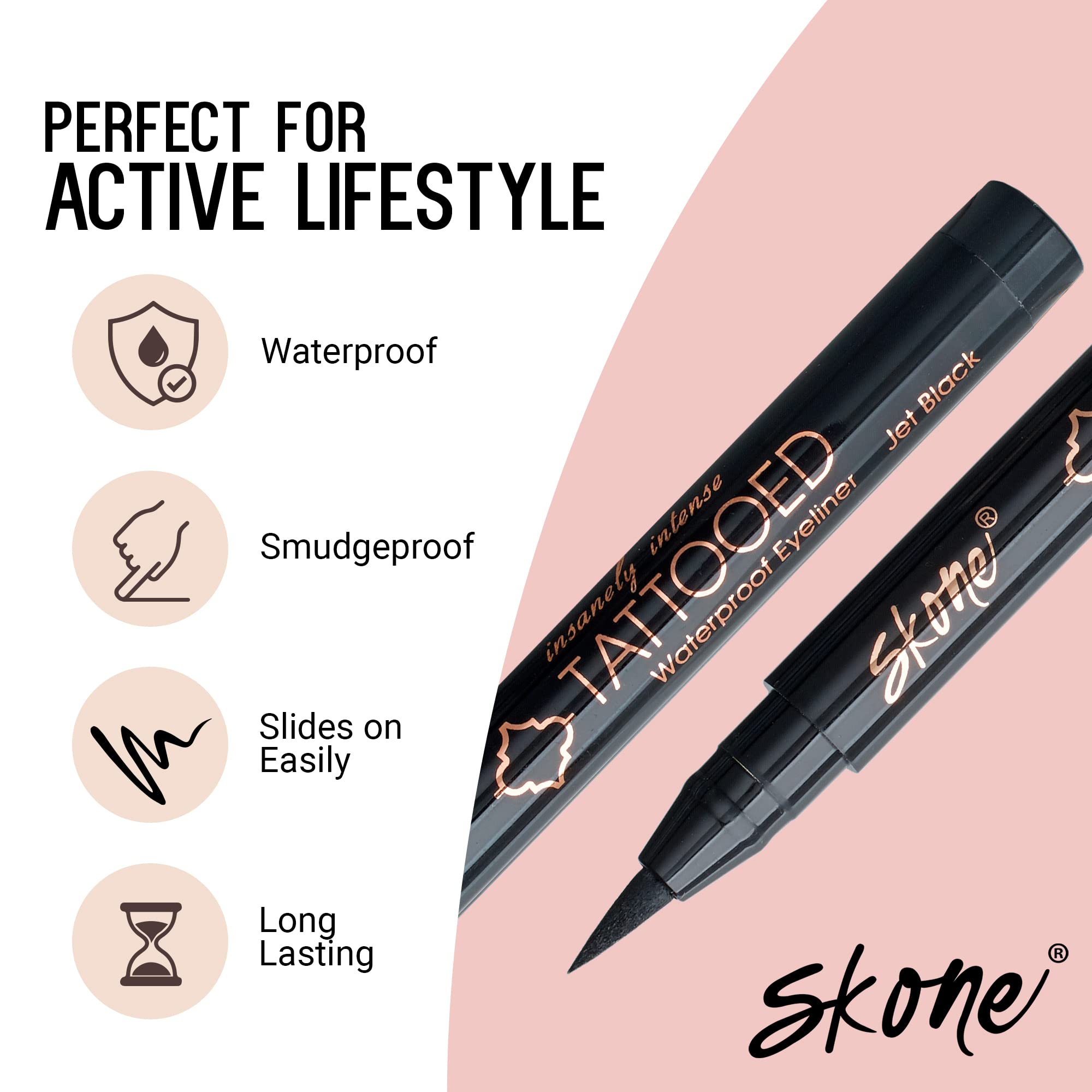 Skone Cosmetics Insanely Intense Tattooed Eyeliner - Smudge Proof & Sweat Proof Liquid Eyeliner Felt Tip Applicator - Pigmented Liquid Eye Liner Makeup - Waterproof Tattoo Eyeliner -Jet Black (0.07oz)