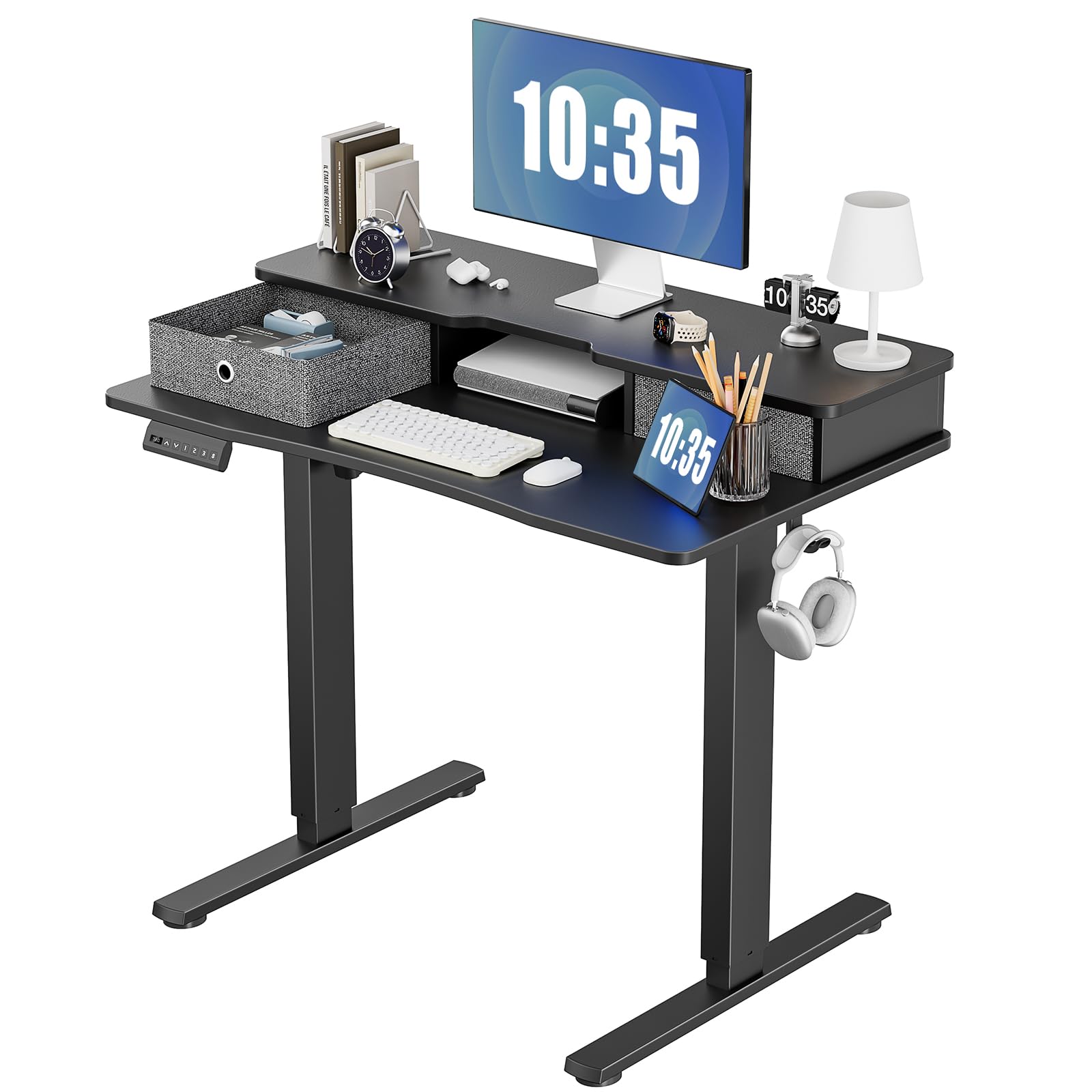 DUMOS Electric Sti to Standing Desk with Drawer,40 x 24 in Ergonomic Computer Table with Splicing Board, Wire Hole and Hook for Workstation for Home, Black & Shelf