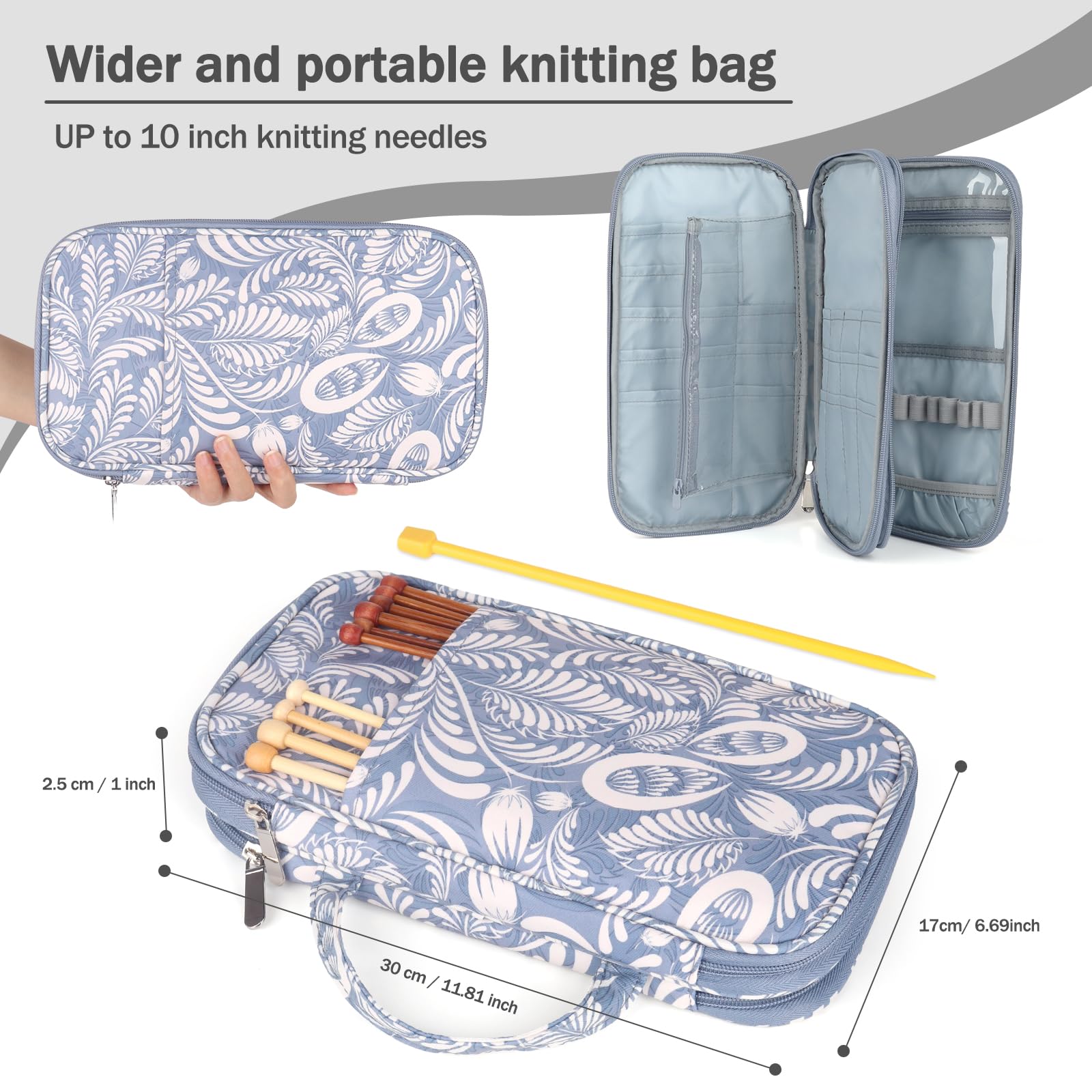 Katech Empty Knitting Needles Case Portable Travel Crochet Hooks Case Zipper Storage Bag Organizer with Transparent Pocket and Holder Slots for Carrying Knitting Needles and Crochet Accessories (Grey)