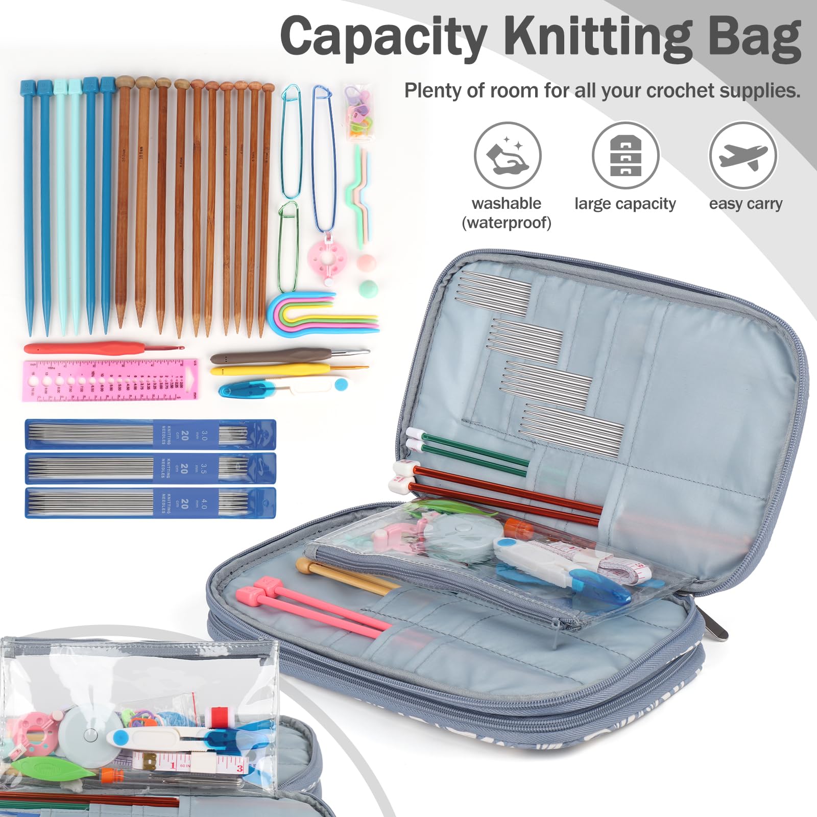Katech Empty Knitting Needles Case Portable Travel Crochet Hooks Case Zipper Storage Bag Organizer with Transparent Pocket and Holder Slots for Carrying Knitting Needles and Crochet Accessories (Grey)