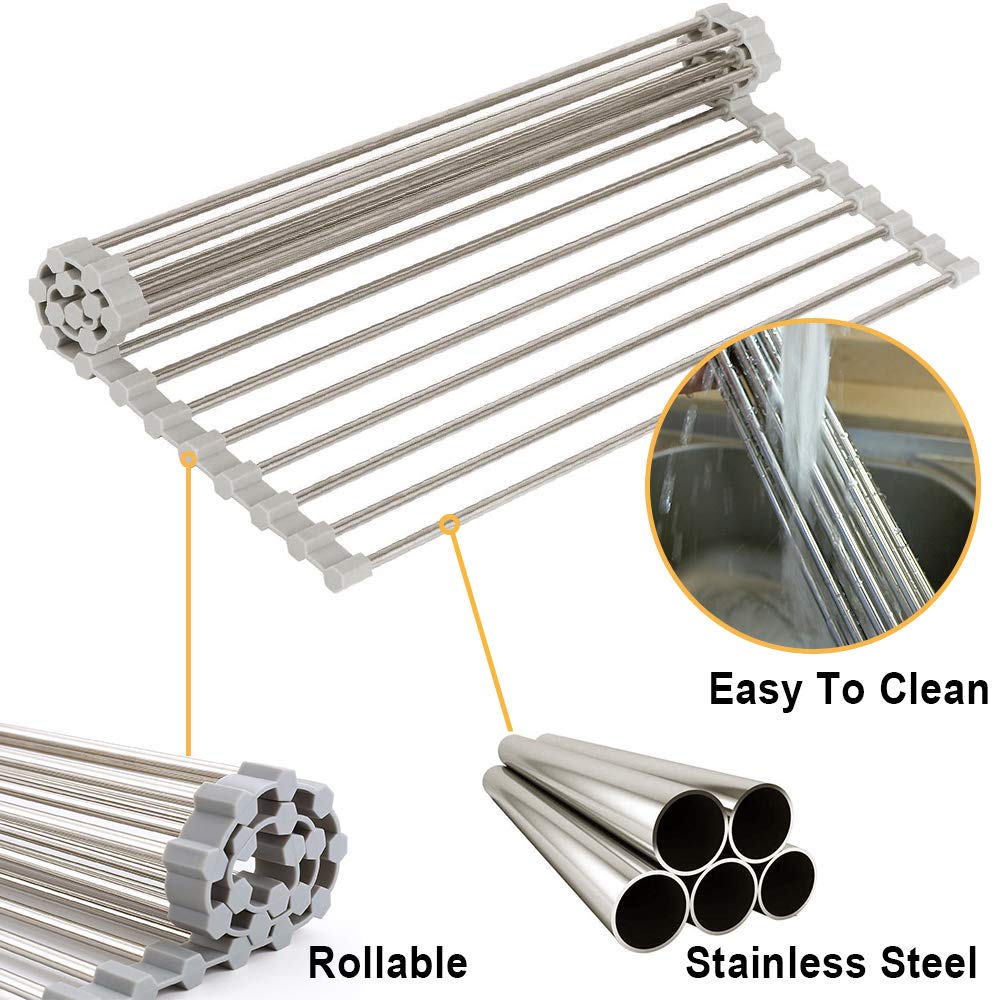 Dish Drying Rack, 2 Pack Roll up Drying Rack, Foldable Utensil Plates Holders, Multipurpose Over Sink Dish Rack Rustproof Silicone Dish Drainers Heat Resistant Mat for Kitchen(18.5x13.8inch)