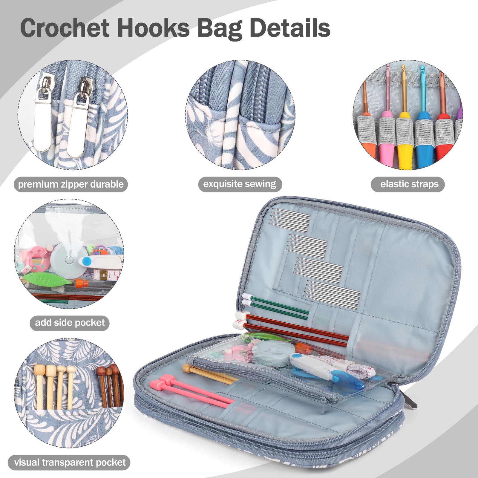Katech Empty Knitting Needles Case Portable Travel Crochet Hooks Case Zipper Storage Bag Organizer with Transparent Pocket and Holder Slots for Carrying Knitting Needles and Crochet Accessories (Grey)