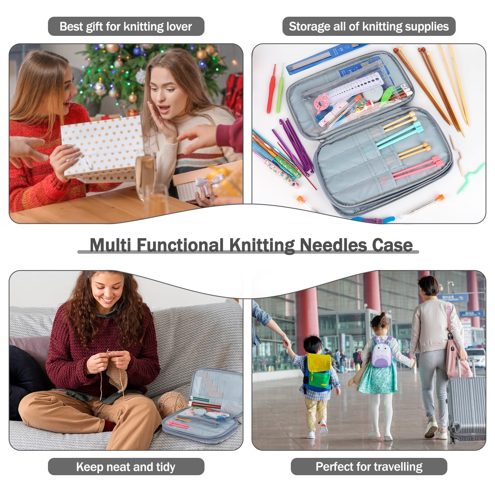 Katech Empty Knitting Needles Case Portable Travel Crochet Hooks Case Zipper Storage Bag Organizer with Transparent Pocket and Holder Slots for Carrying Knitting Needles and Crochet Accessories (Grey)