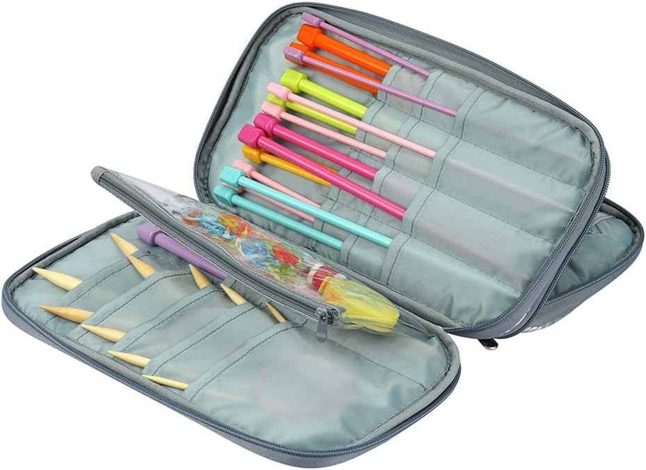 Katech Empty Knitting Needles Case Portable Travel Crochet Hooks Case Zipper Storage Bag Organizer with Transparent Pocket and Holder Slots for Carrying Knitting Needles and Crochet Accessories (Grey)