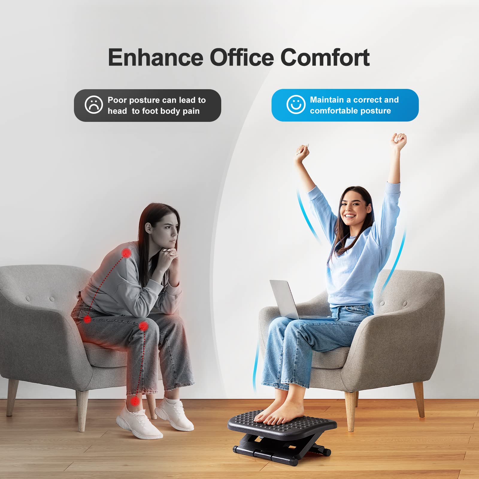 HUANUO Footrest Under Desk - Adjustable Foot Rest with Massage Texture and Roller, Ergonomic Foot Rest with 3 Height Position, 30 Degree Tilt Angle Adjustment for Home, Office