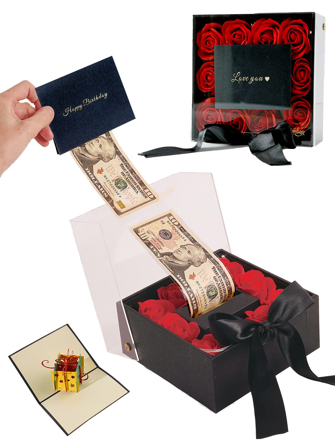 Ribbonbonbox Money Pull Out Gift Box – Luxury Flower Box wt Cash Box Insert – Unique Gift for Wife, Girlfriend, Mother, Friend – Surprise Box for Birthday, Thanksgiving, Christmas - Pranks for Adults