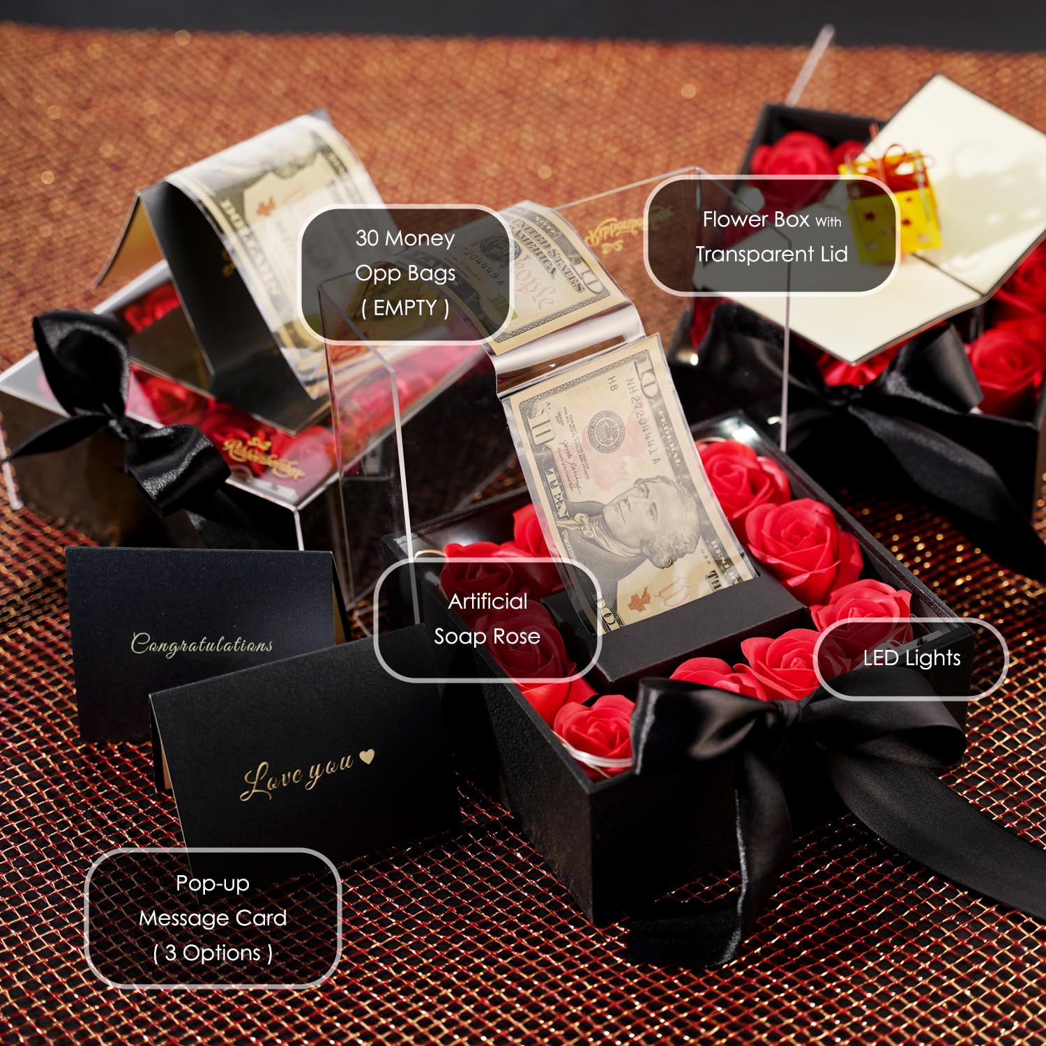 Ribbonbonbox Money Pull Out Gift Box β Luxury Flower Box wt Cash Box Insert β Unique Gift for Wife, Girlfriend, Mother, Friend β Surprise Box for Birthday, Thanksgiving, Christmas - Pranks for Adults