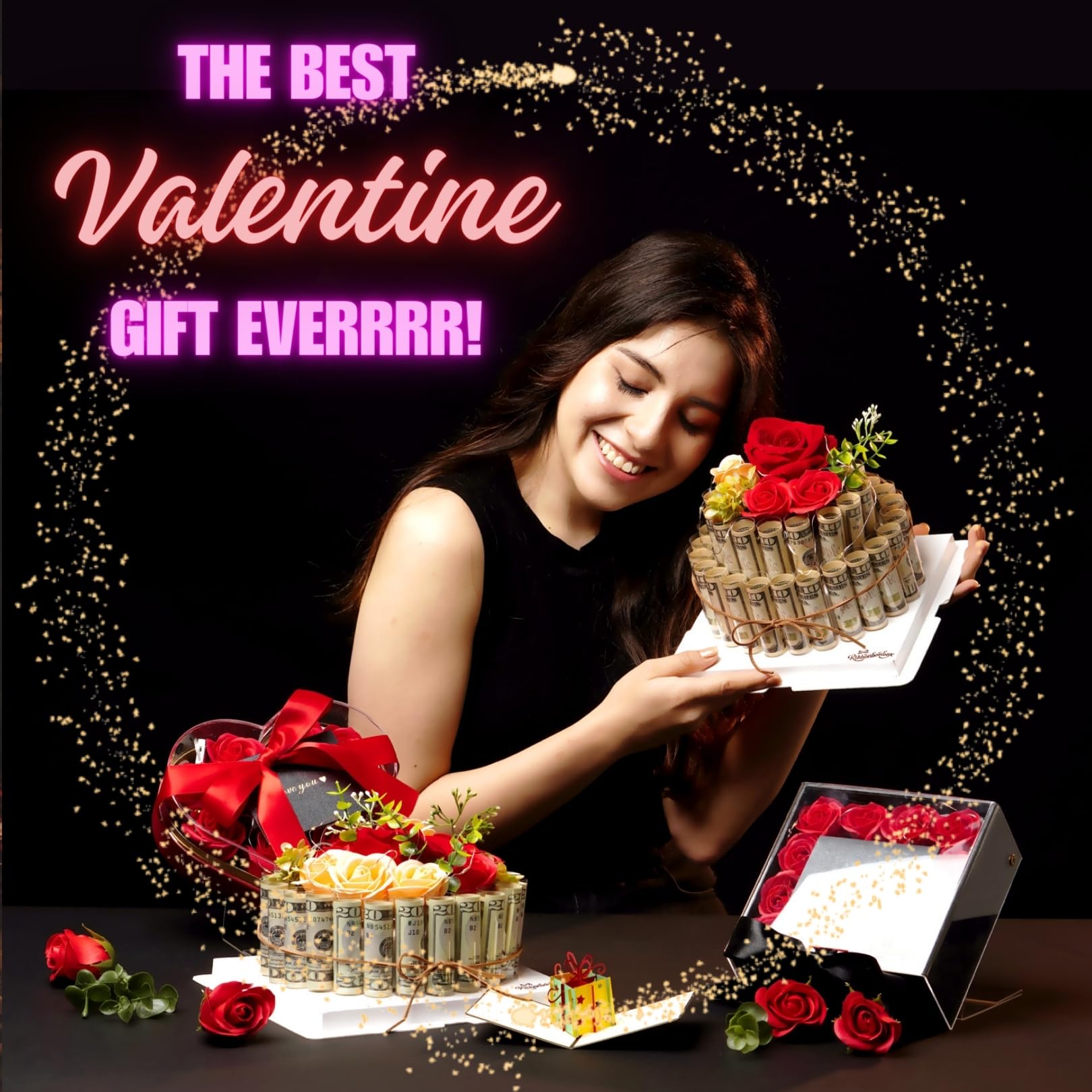 Ribbonbonbox Money Pull Out Gift Box β Luxury Flower Box wt Cash Box Insert β Unique Gift for Wife, Girlfriend, Mother, Friend β Surprise Box for Birthday, Thanksgiving, Christmas - Pranks for Adults