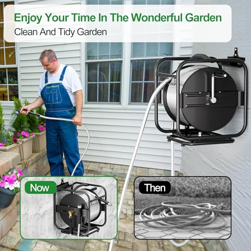 SPECILITE Heavy Duty Metal Garden Hose Reel With 100 Ft 304 Stainless Steel & 9-Pattern Metal Nozzle, 360° Rotation Frame,Wall Mount/Floor Hose Reel,
