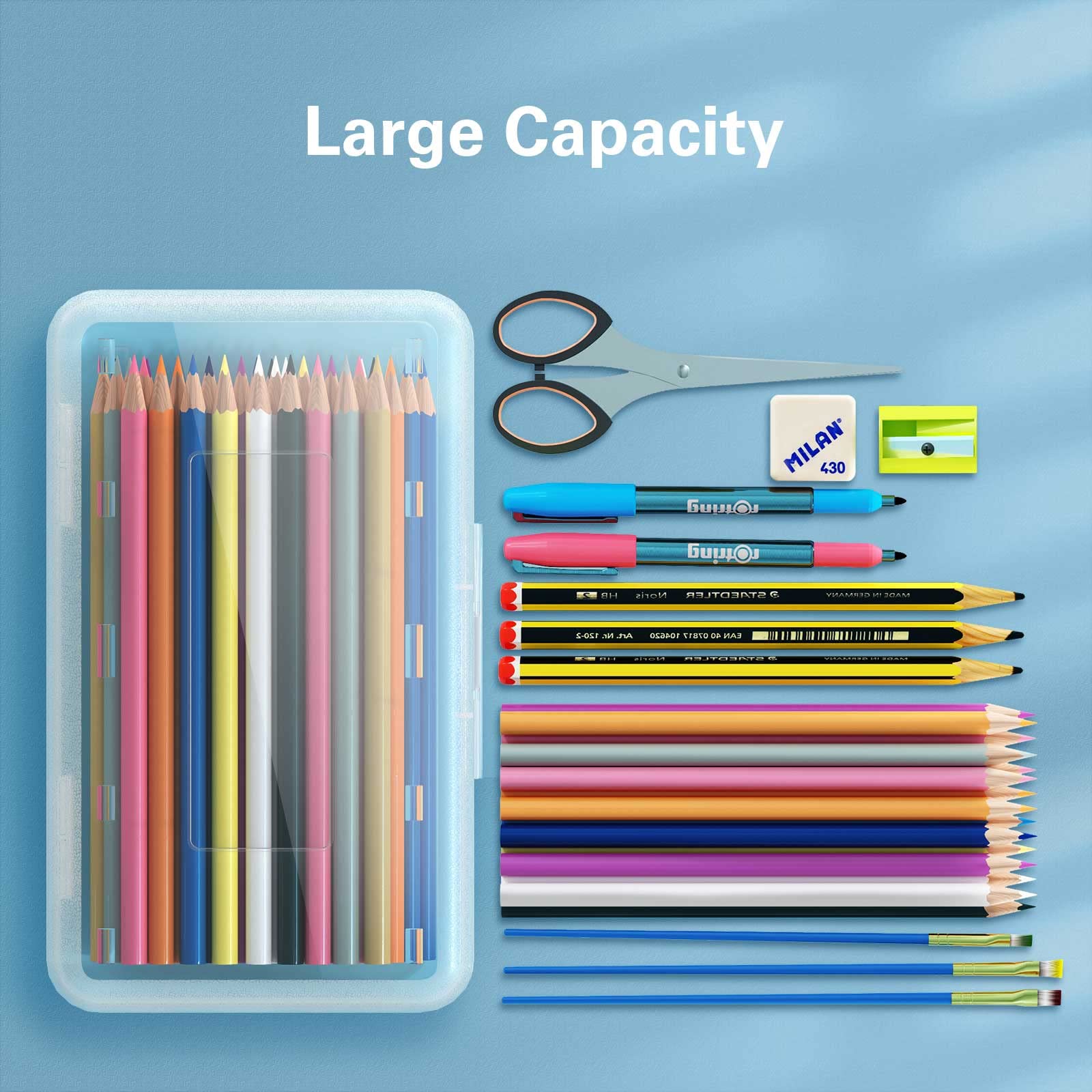 Denkee 4 Pack Clear Pencil Box, Plastic Large Capacity Pencil Boxes, Hard Pencil Case, School Supply Crayon Box Storage with Snap-Tight Lid, Stackable Office Supplies Storage Organizer Box