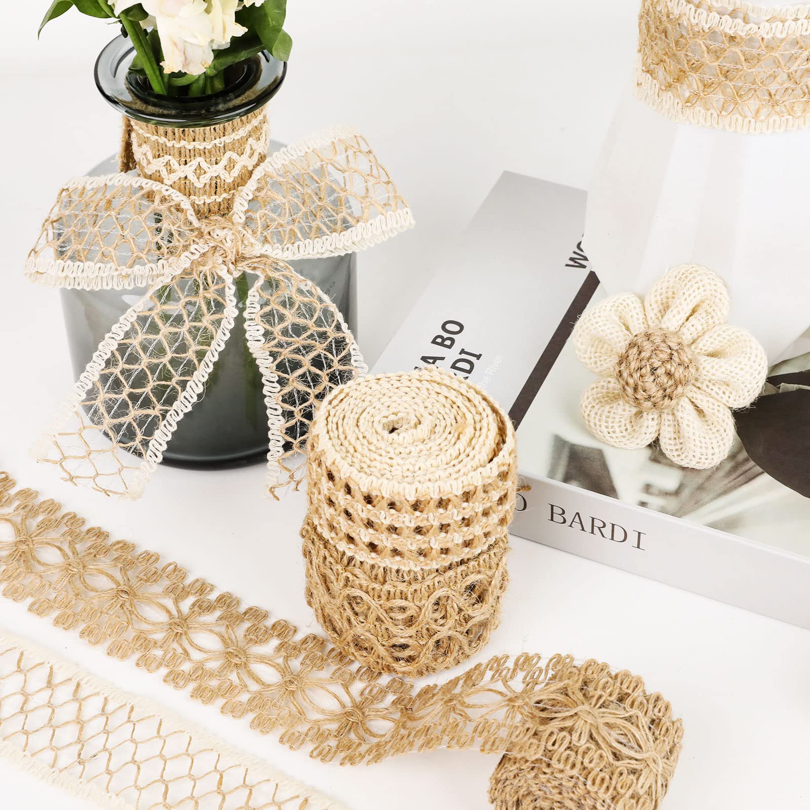 7 Rolls 14 Yards Burlap Lace Jute Ribbon for Crafts, Christmas Ribbon for Gift Wrapping, Burlap Ribbon for Holiday Party Wedding Invitations Flowers Bouquets Rustic Home Decorations