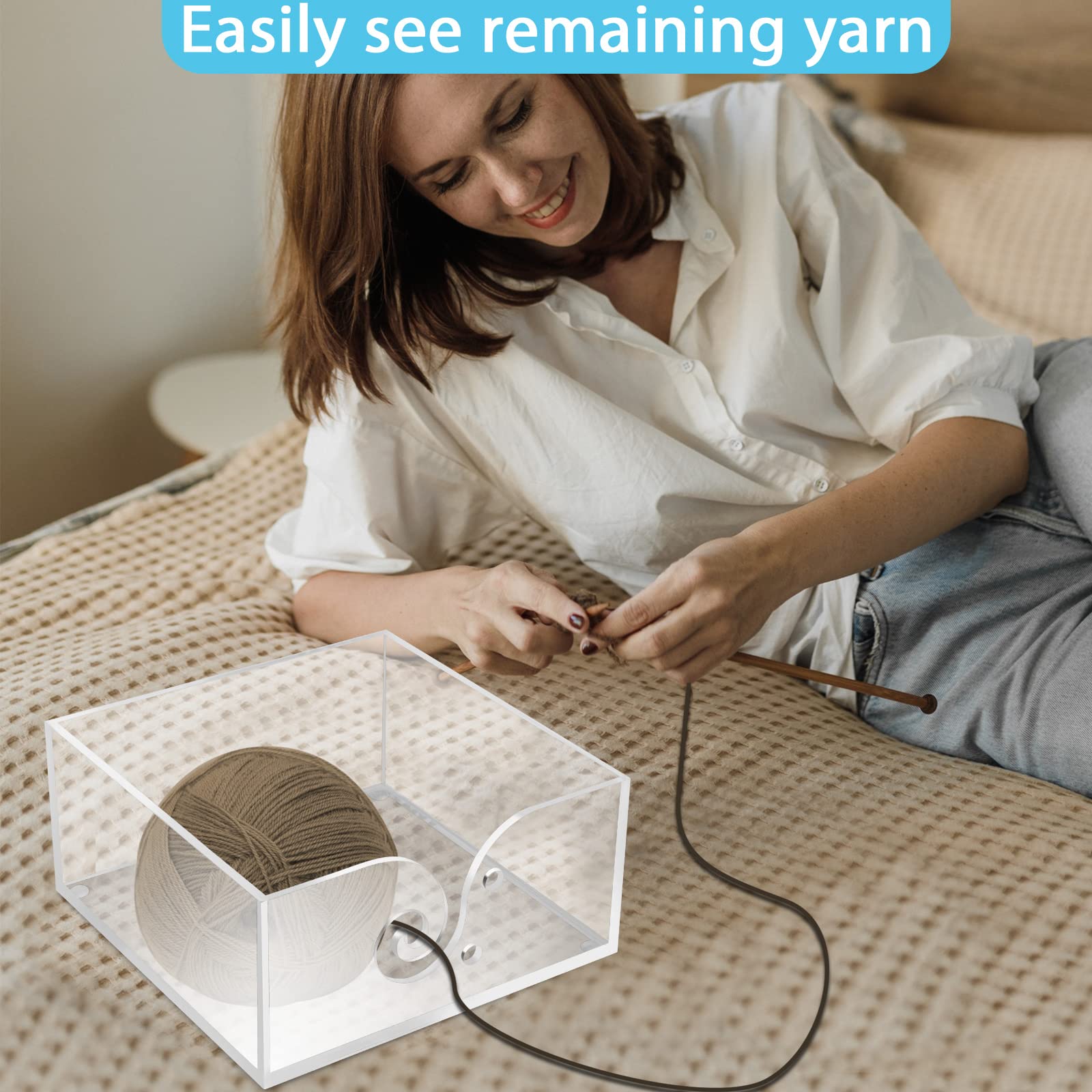 Transparent Acrylic Yarn Bowl Holder, Knitting Kit Wool Storage Cube with Holes Crochet Accessories Organizer Dispenser Preventing Slipping and Tangles