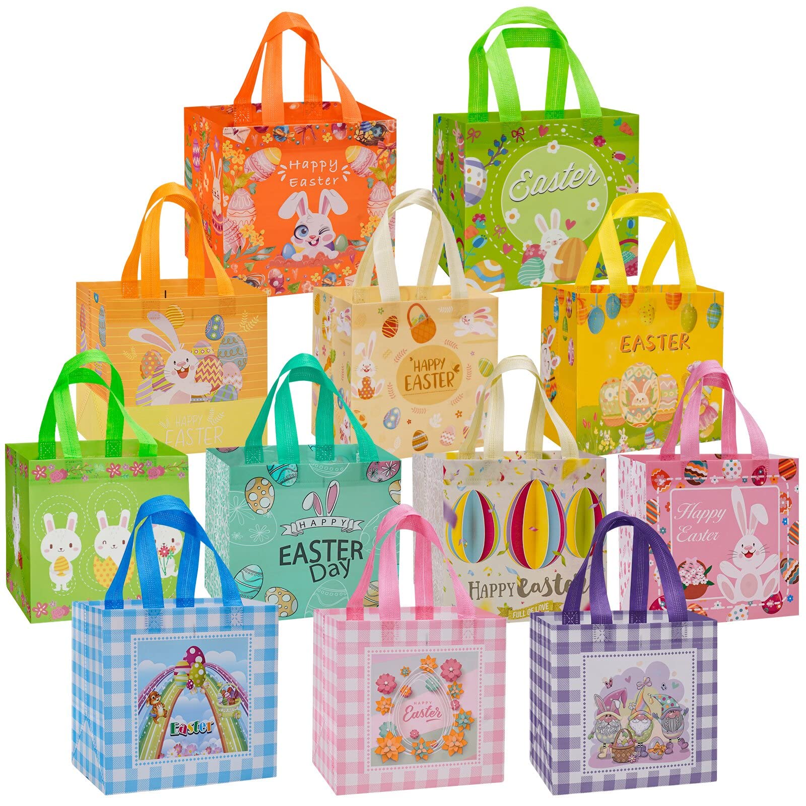 Fayayuan 12PCS Easter Gift Bags Large Reusable Bunny Egg Easter Basket Tote Bags,Non-Woven Easter Treat Bags for Gifts Wrapping, Egg Hunt Game, Easter Party Supplies, 8.3×7.9×5.9inch